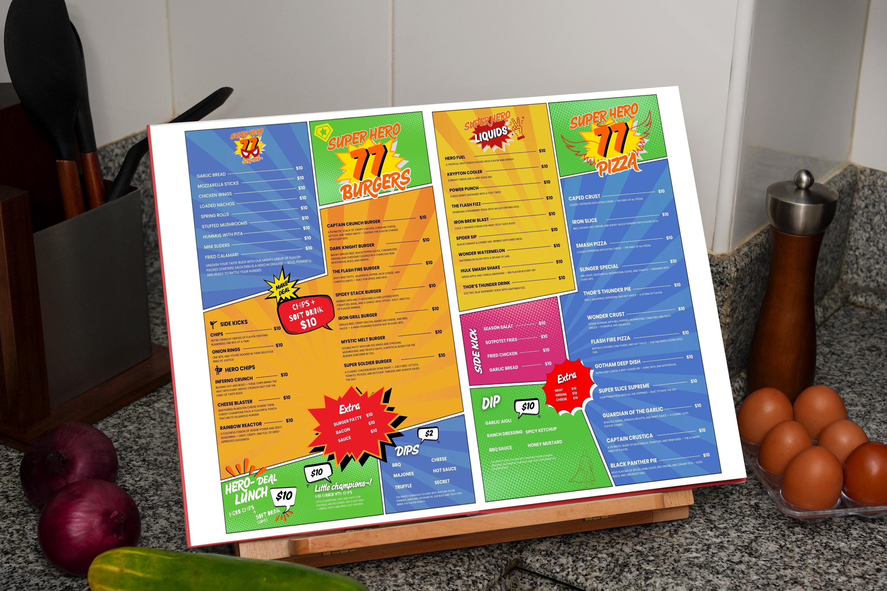 Super Hero Style Cafe Menu Board Template | Printable & Editable in ...