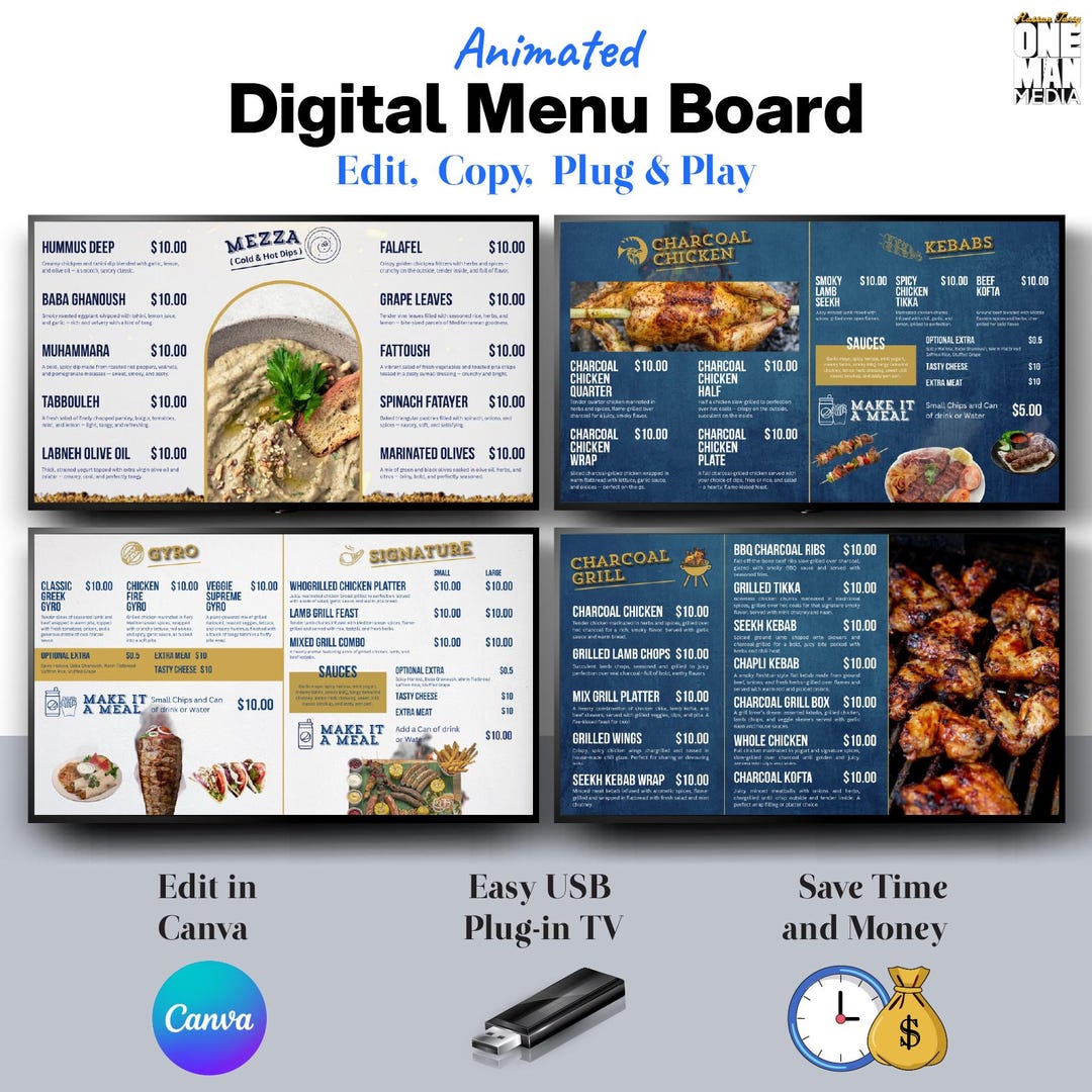 Animated 4K Restaurant Menu Board: Editable Canva Template (digital ...