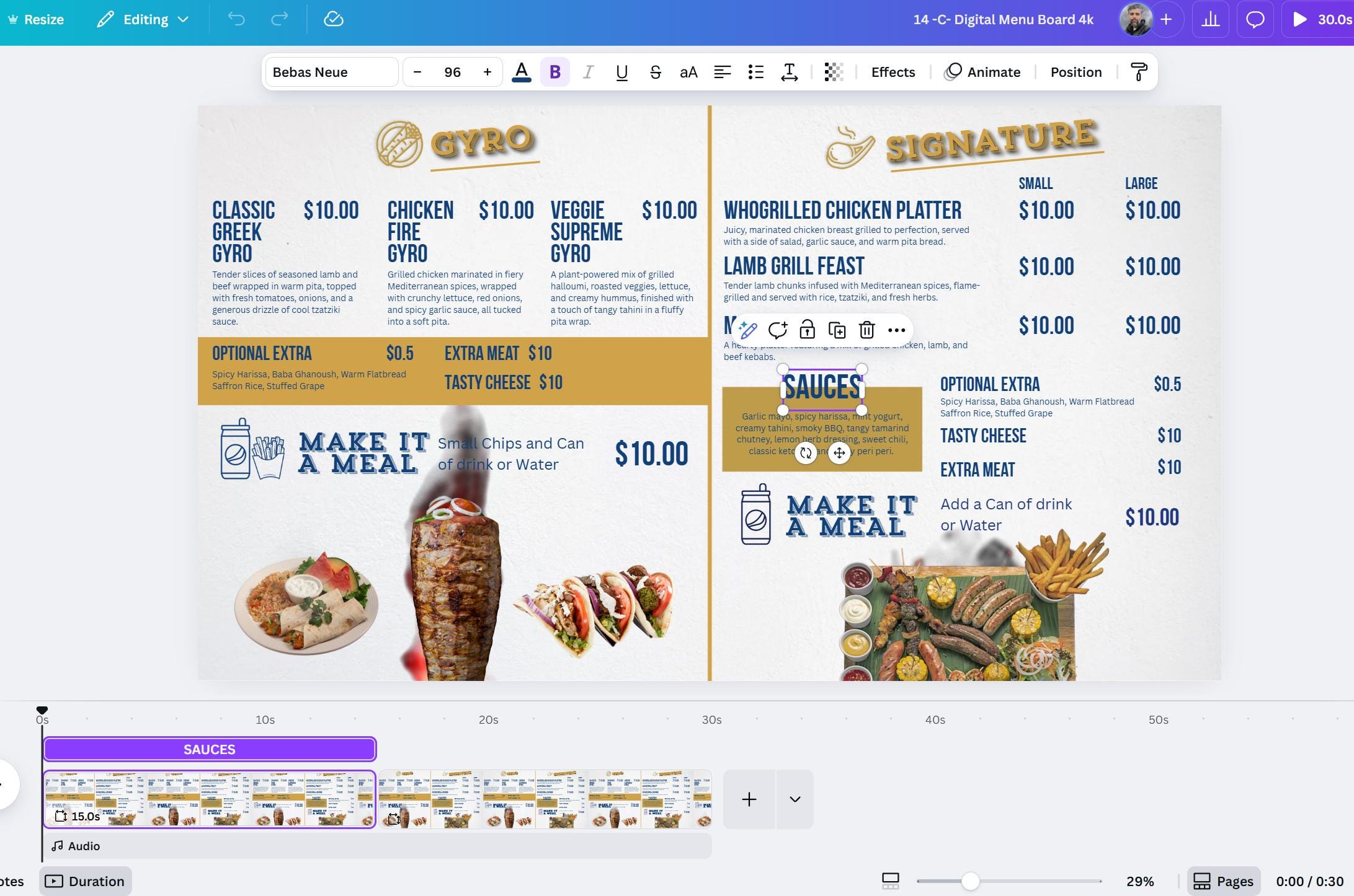 Animated 4K Restaurant Menu Board: Editable Canva Template (digital ...