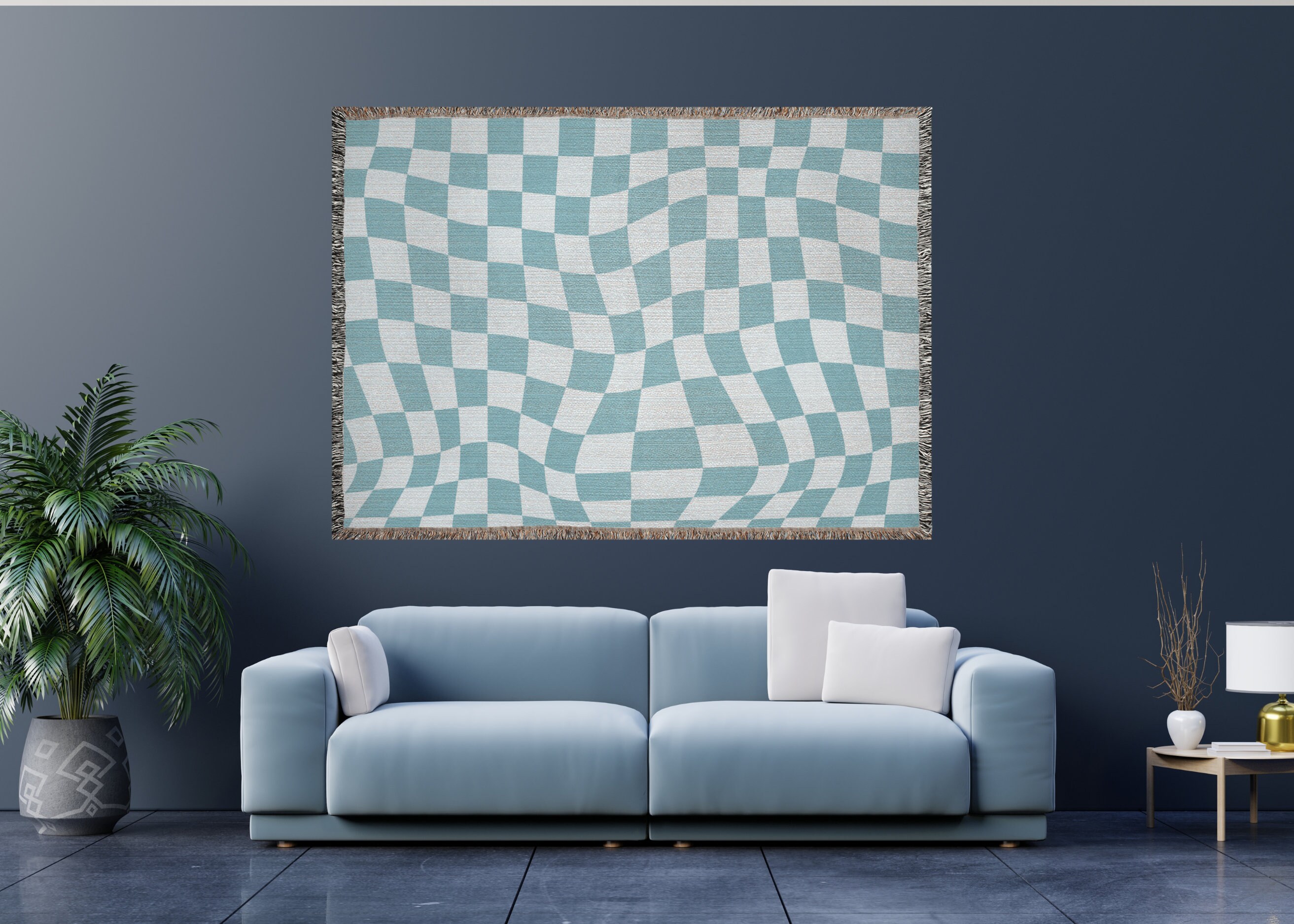 Wavy Blue Checker Woven Cotton Blanket | Eclectic Accent Throw Blanket ...