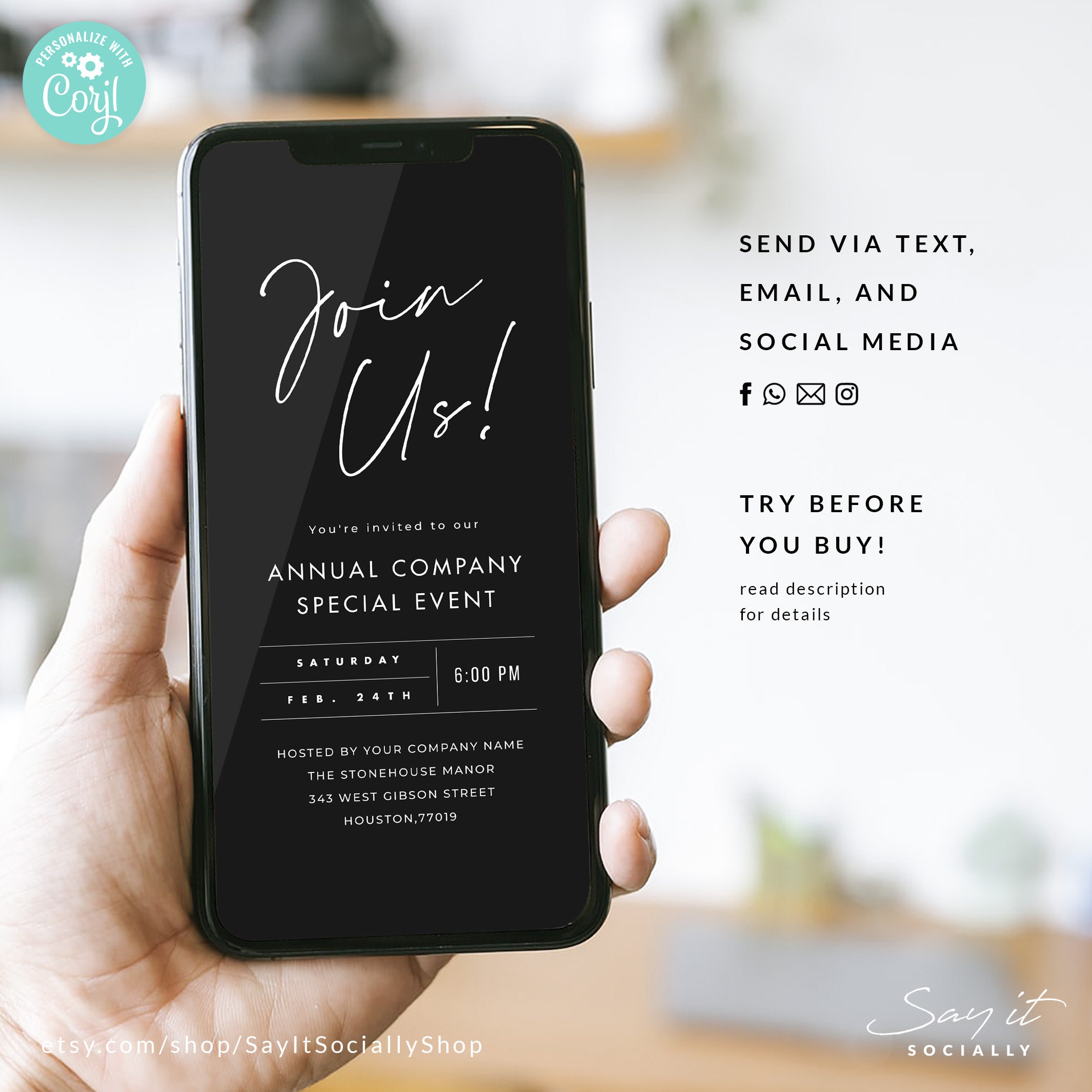 Minimal Business Invitation, Custom Digital Mobile Text Message Invite ...