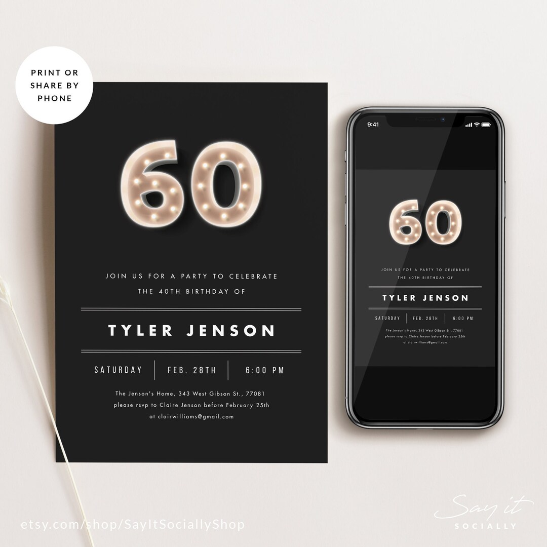 Marquee Light Sign 60th Birthday Invitations for Women or Men, Digital ...