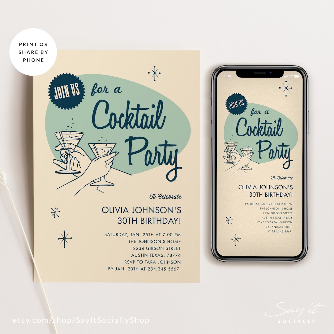 Retro Cocktail Party Invitation Template, Any Occasion, Printable ...