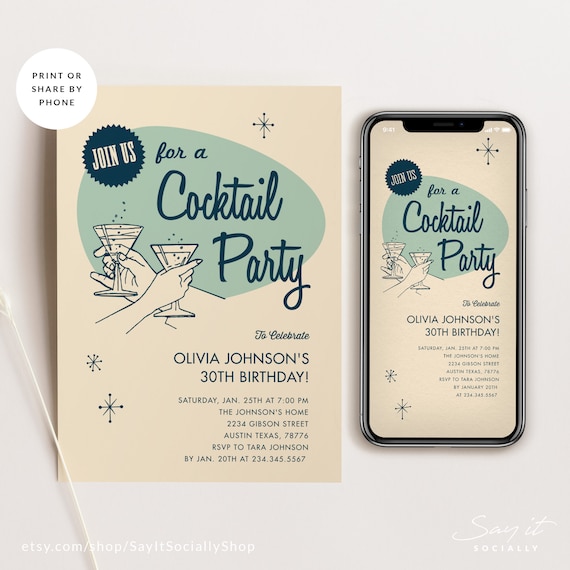 Retro Cocktail Party Invitation Template Any Occasion - Etsy
