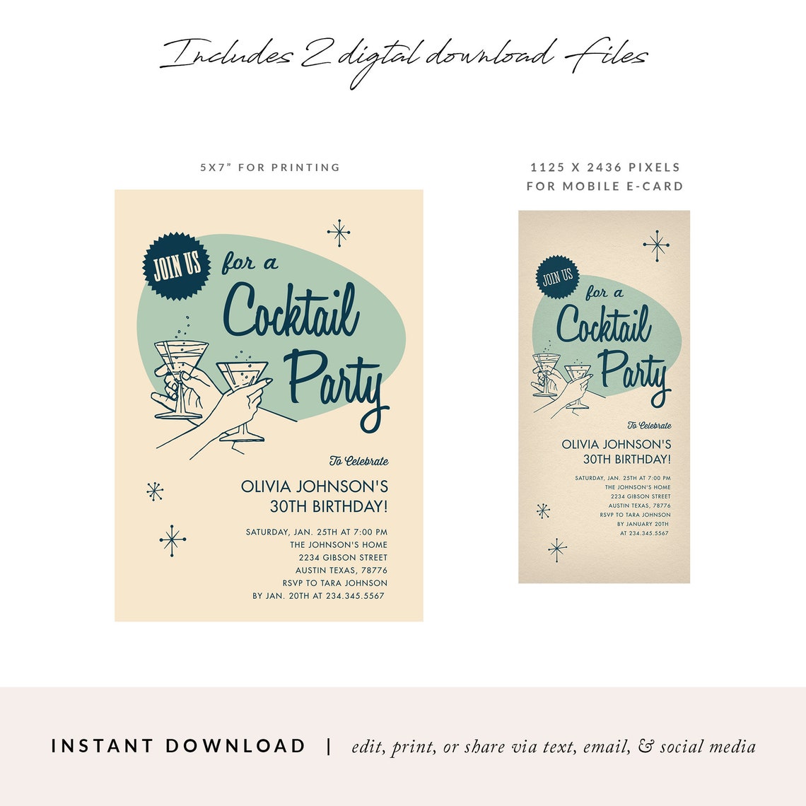 Retro Cocktail Party Invitation Template, Any Occasion, Printable ...