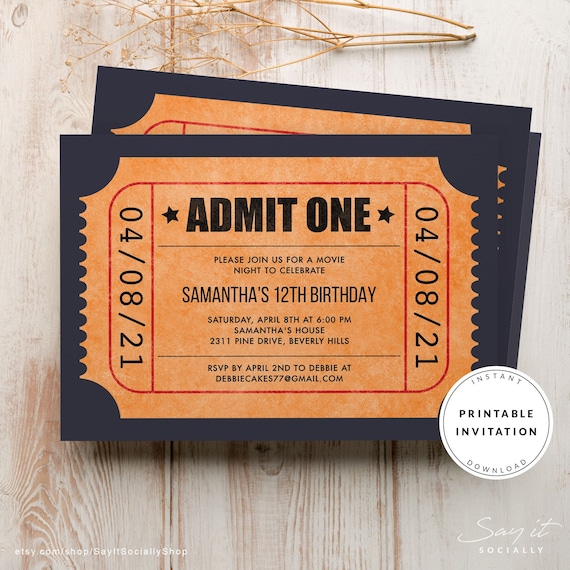 Movie Ticket Invitations Template Admit One Invitation - Etsy