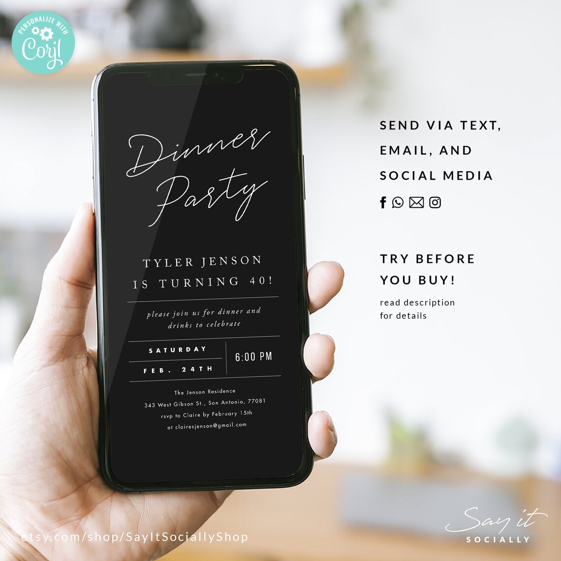 Minimal Dinner Party Invitation for Any Occasion, Digital Mobile ...
