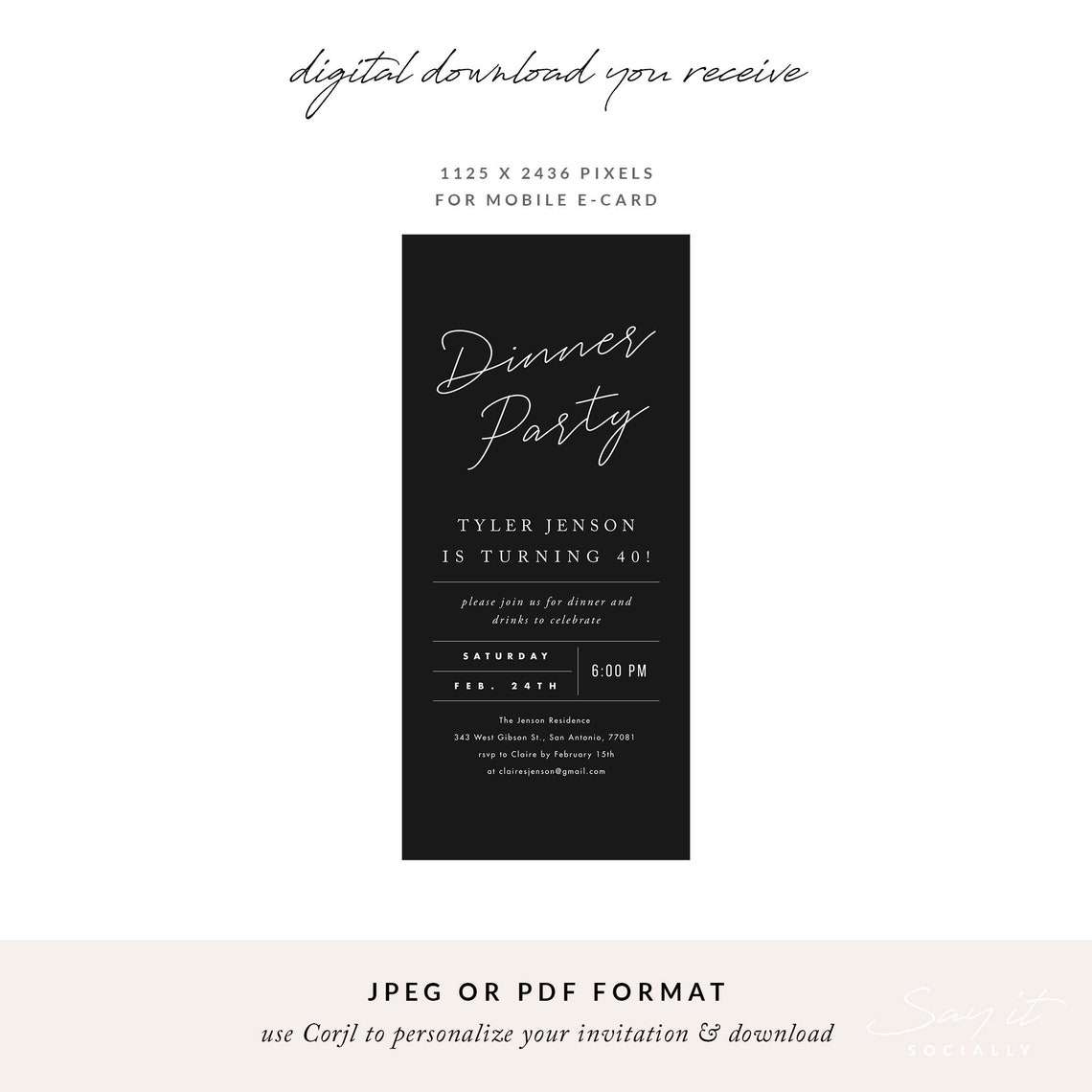 Minimal Dinner Party Invitation for Any Occasion, Digital Mobile ...