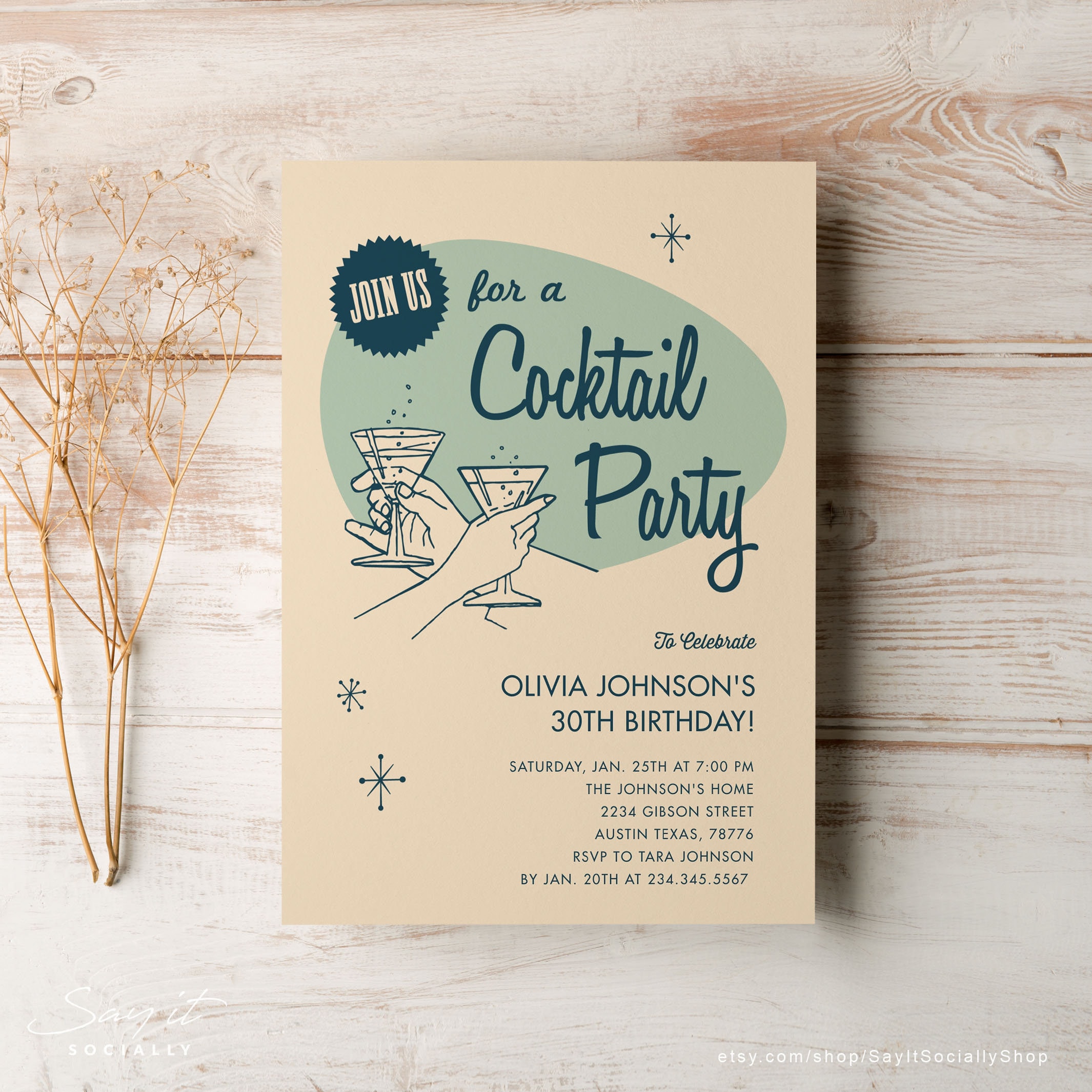Retro Cocktail Party Invitation Template, Any Occasion, Printable ...