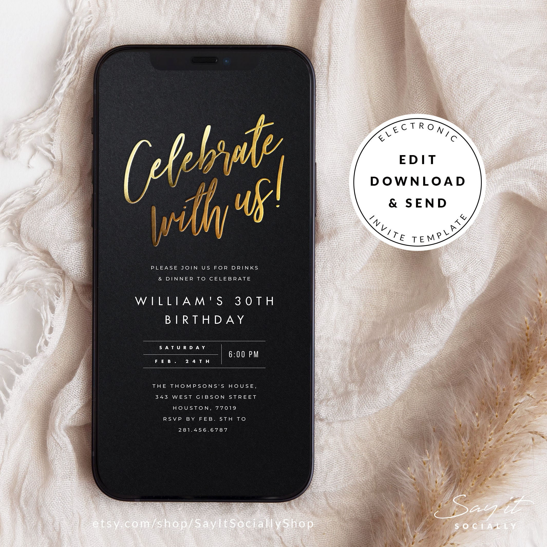 Gold Foil Party Invitation Template Editable Text Message - Etsy UK