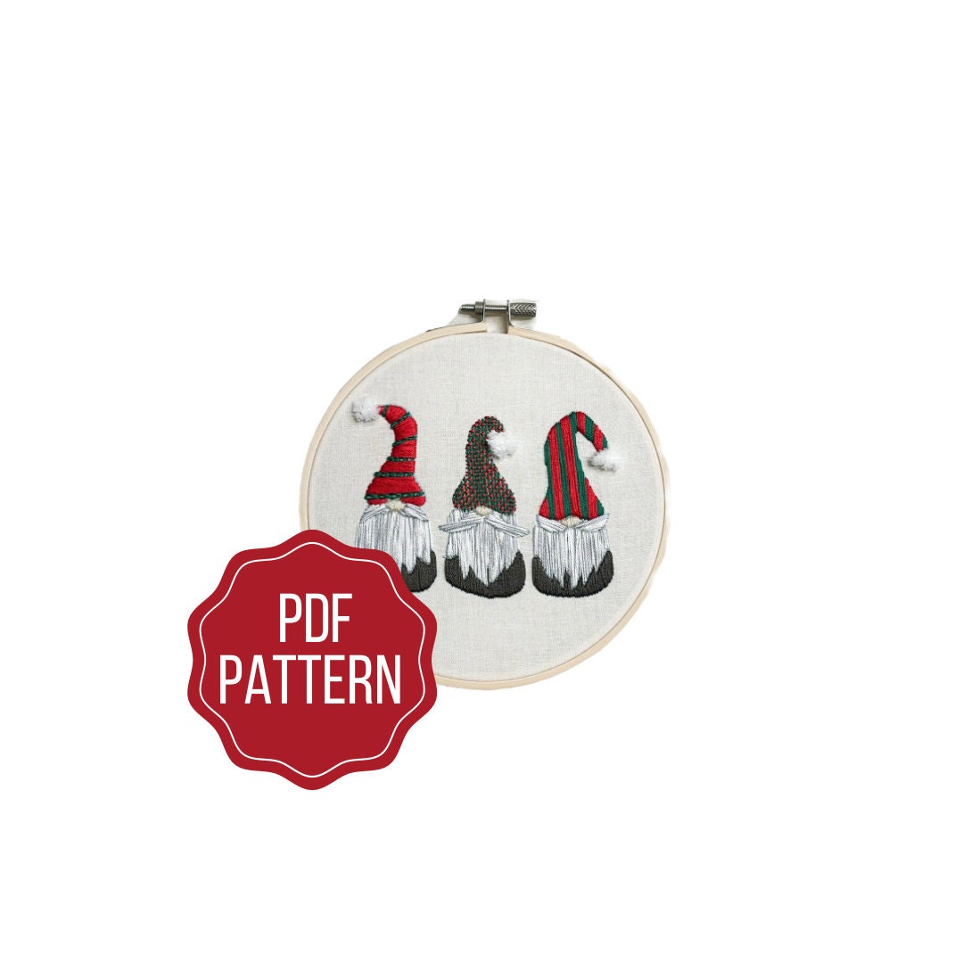 Gnome Embroidery Pattern | Trio of Holiday Gnomes in Green & Red DIY ...