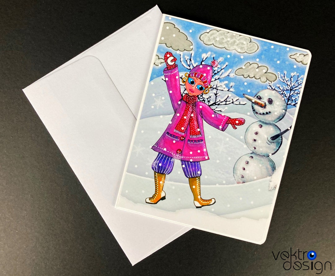 Handmade Customizable Greeting Card, Girl and Snowman, Children ...