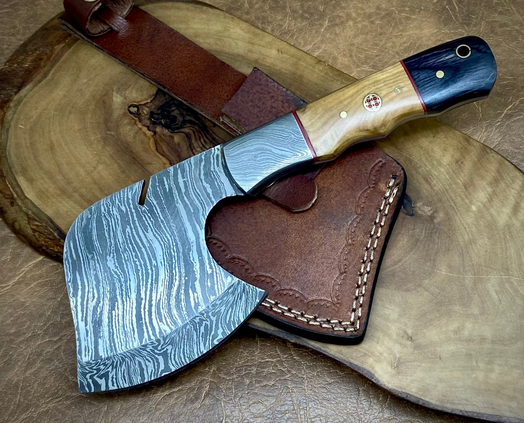 Handmade Damascus Steel Axe: Olive Wood Handle, Leather Sheath - Etsy