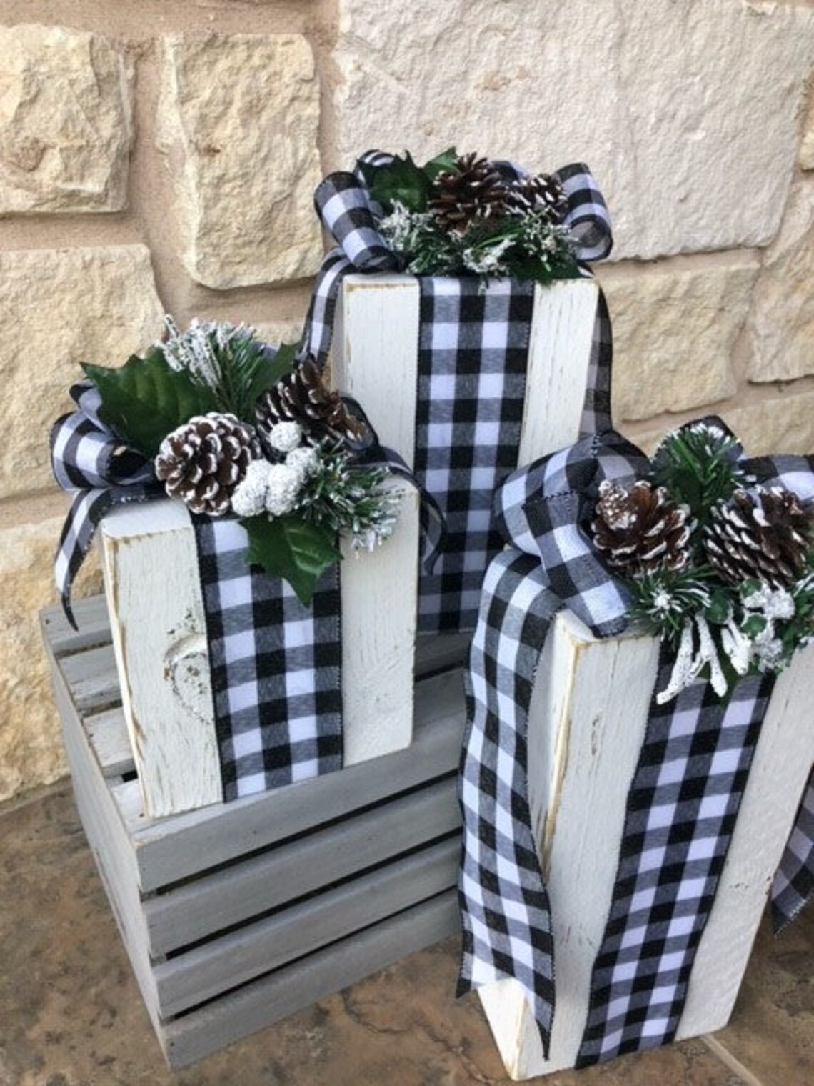 Wood Presents set of 3 Buffalo Plaid Farmhouse Present - Etsy