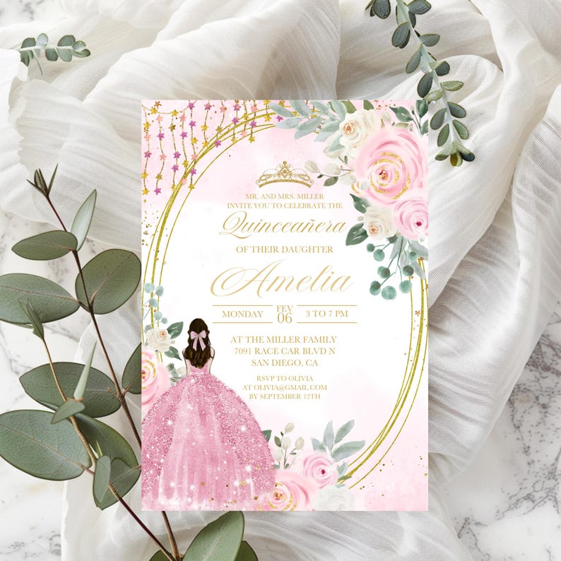 Editable Quinceañera Invitation | Pink Princess Quince Invitation ...