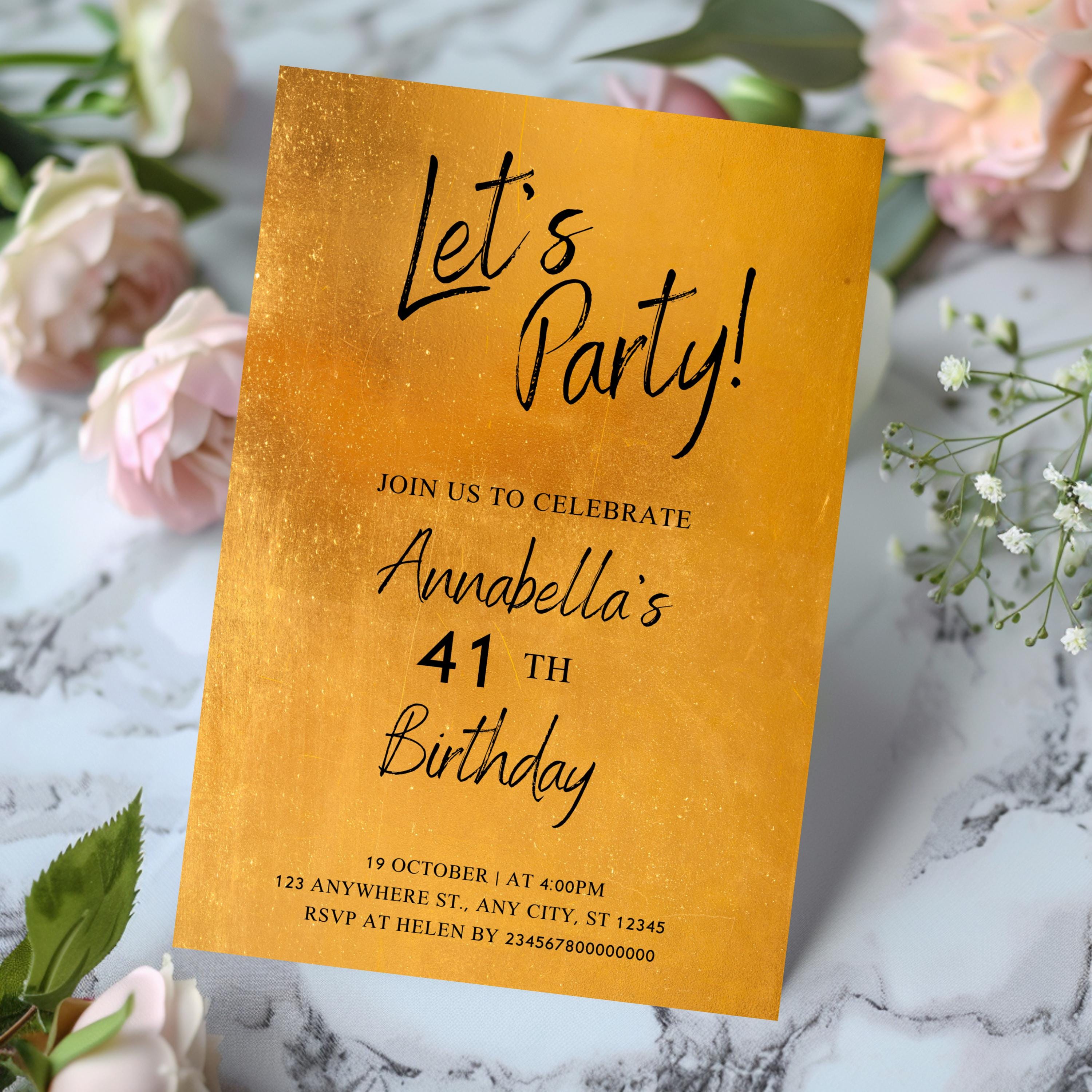 Editable Golden Birthday Invitation Printable Party Template Gold and ...