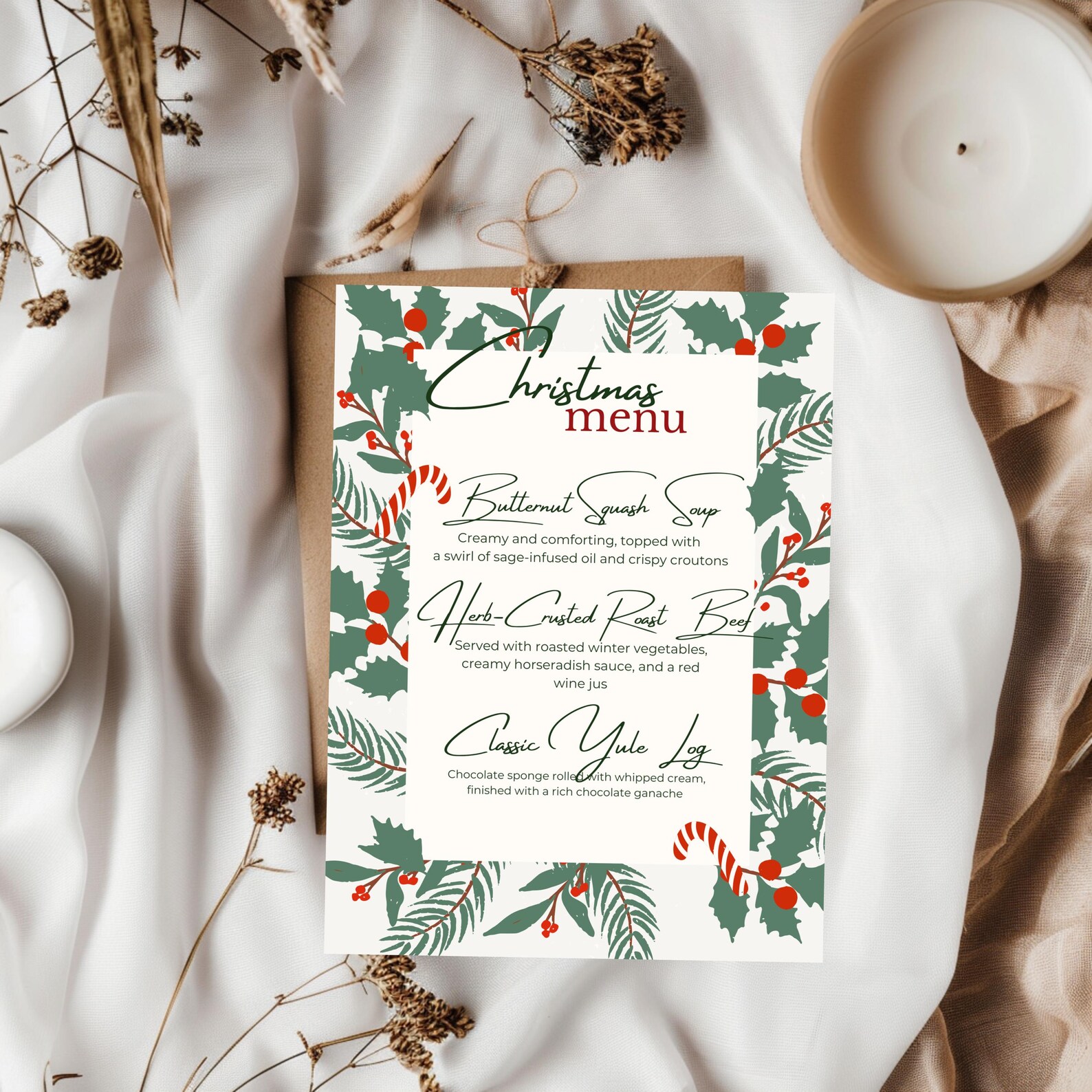 Christmas Menu Card | Holiday Menu Template | Editable Dinner Party ...