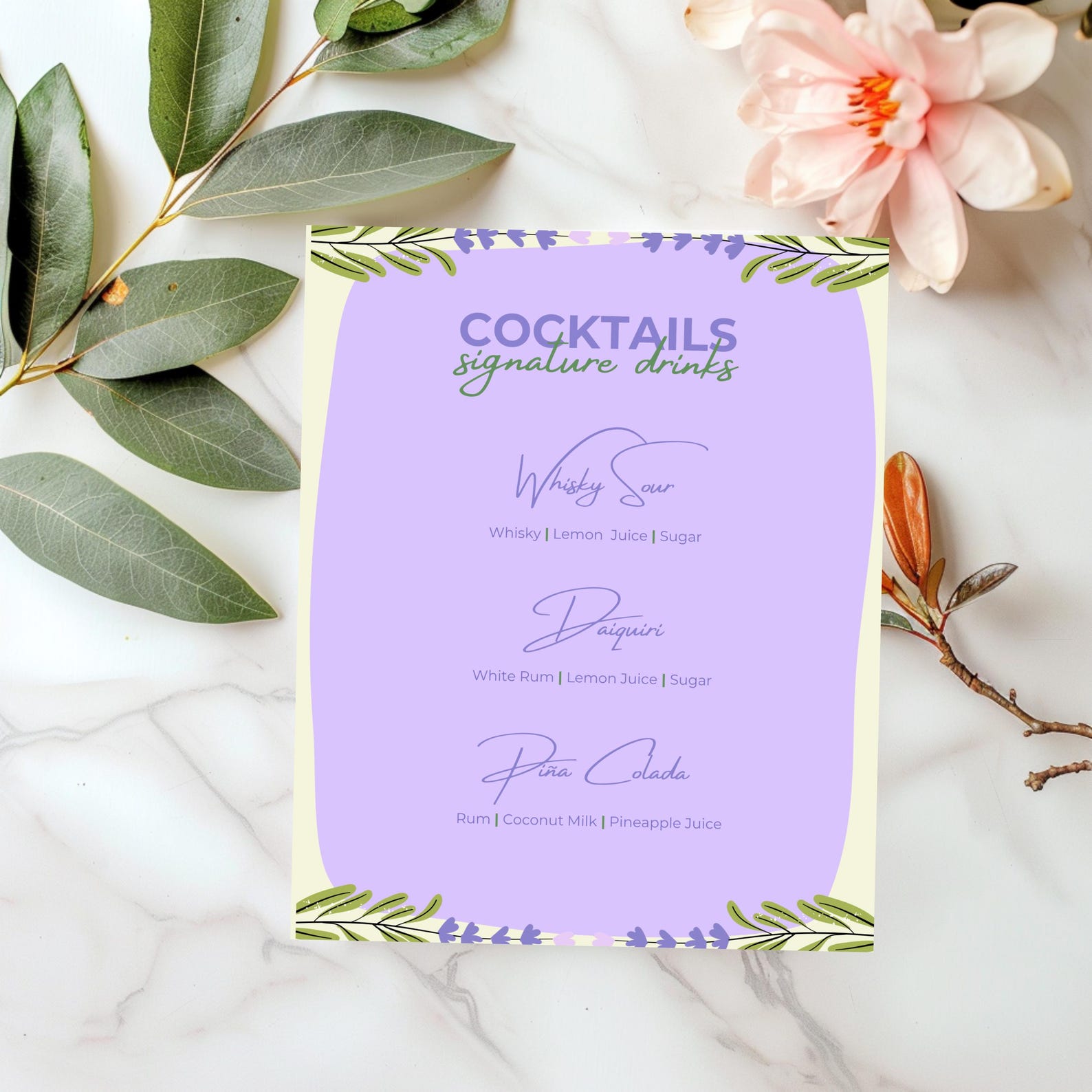 Signature Drinks Bar Menu Template Editable for Wedding or Party ...