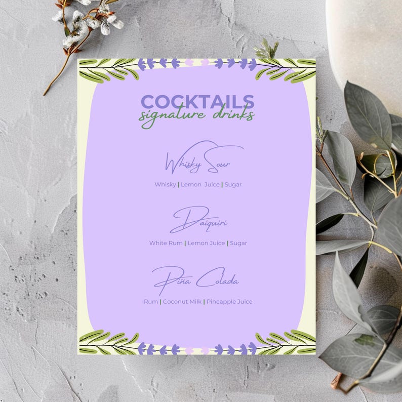 Signature Drinks Bar Menu Template Editable for Wedding or Party ...