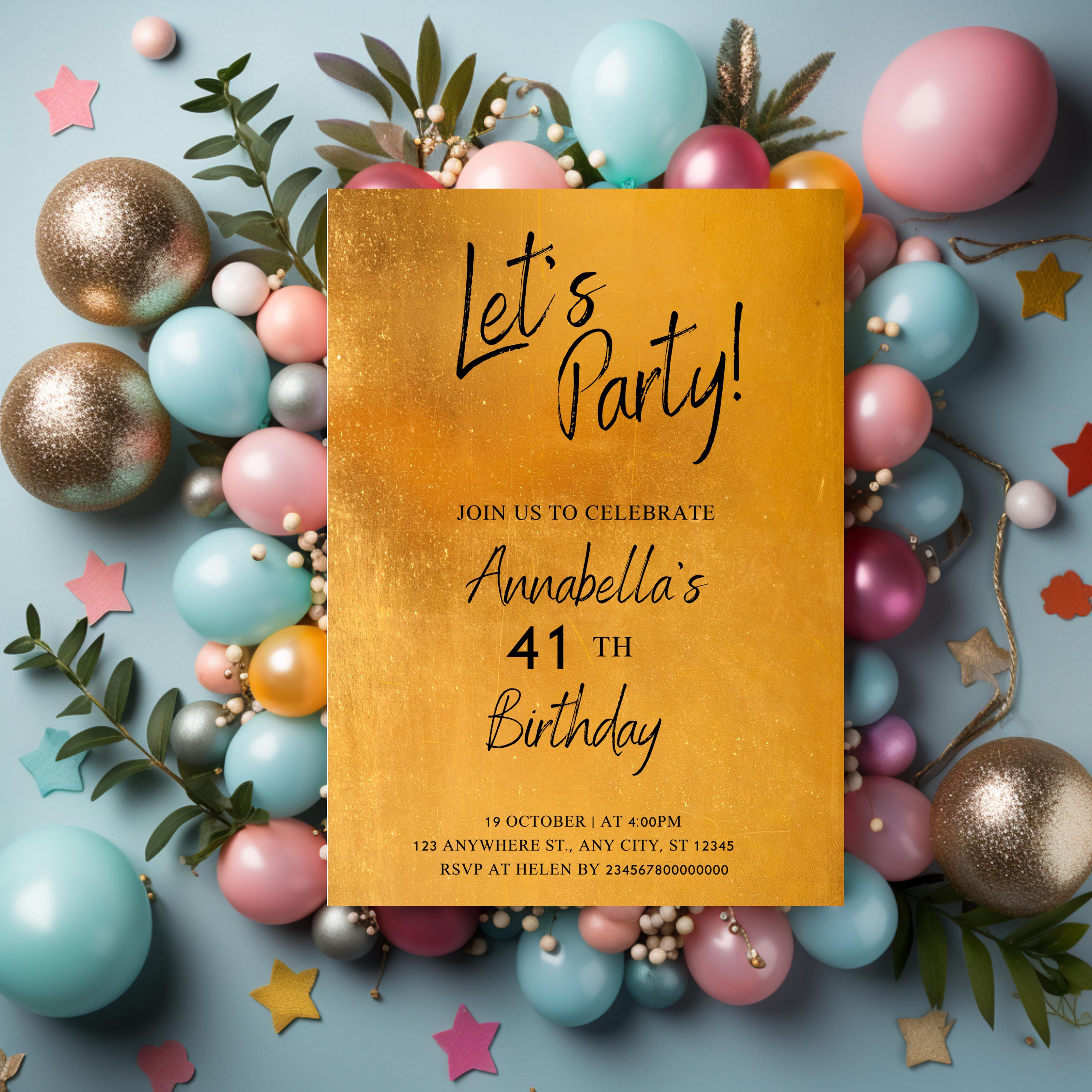 Editable Golden Birthday Invitation Printable Party Template Gold and ...