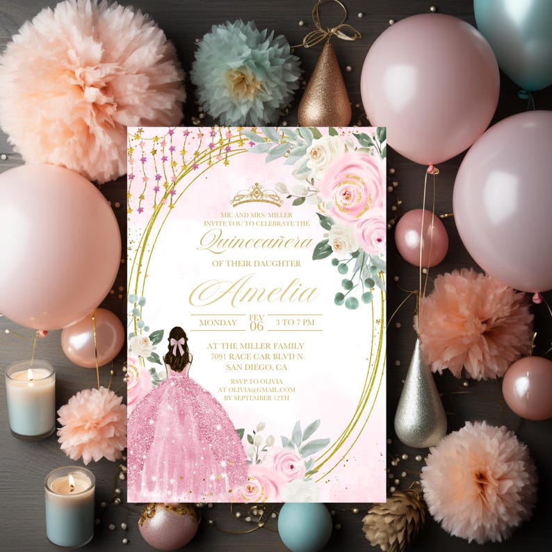Editable Quinceañera Invitation | Pink Princess Quince Invitation ...