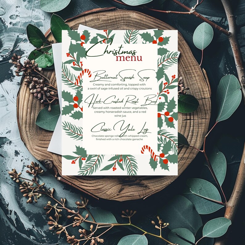 Christmas Menu Card | Holiday Menu Template | Editable Dinner Party ...
