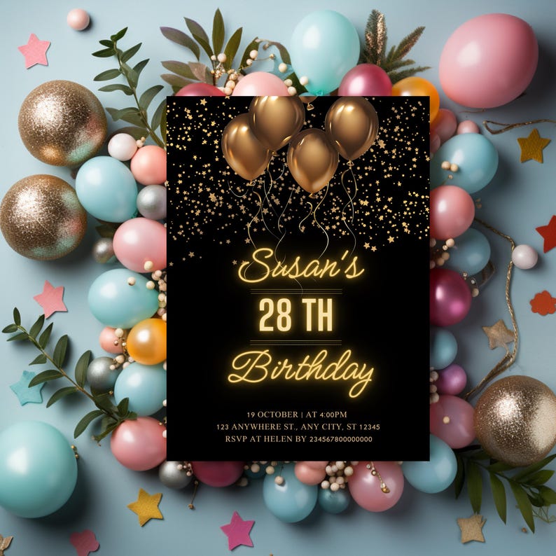 Editable Black and Gold Birthday Invitation | Gold Balloon Glitter ...