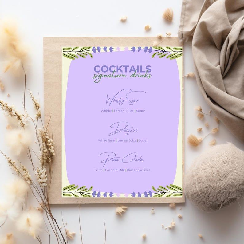 Signature Drinks Bar Menu Template Editable for Wedding or Party ...