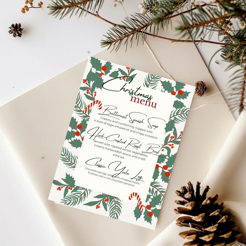 Christmas Menu Card | Holiday Menu Template | Editable Dinner Party ...