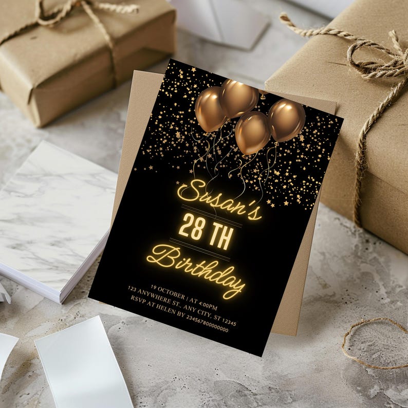 Editable Black and Gold Birthday Invitation | Gold Balloon Glitter ...