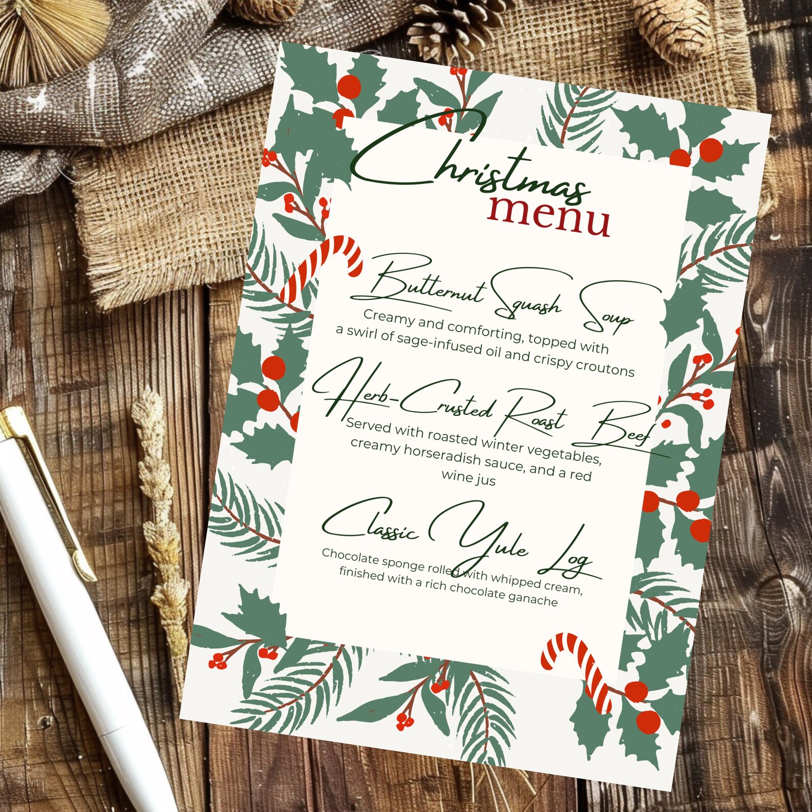 Christmas Menu Card | Holiday Menu Template | Editable Dinner Party ...