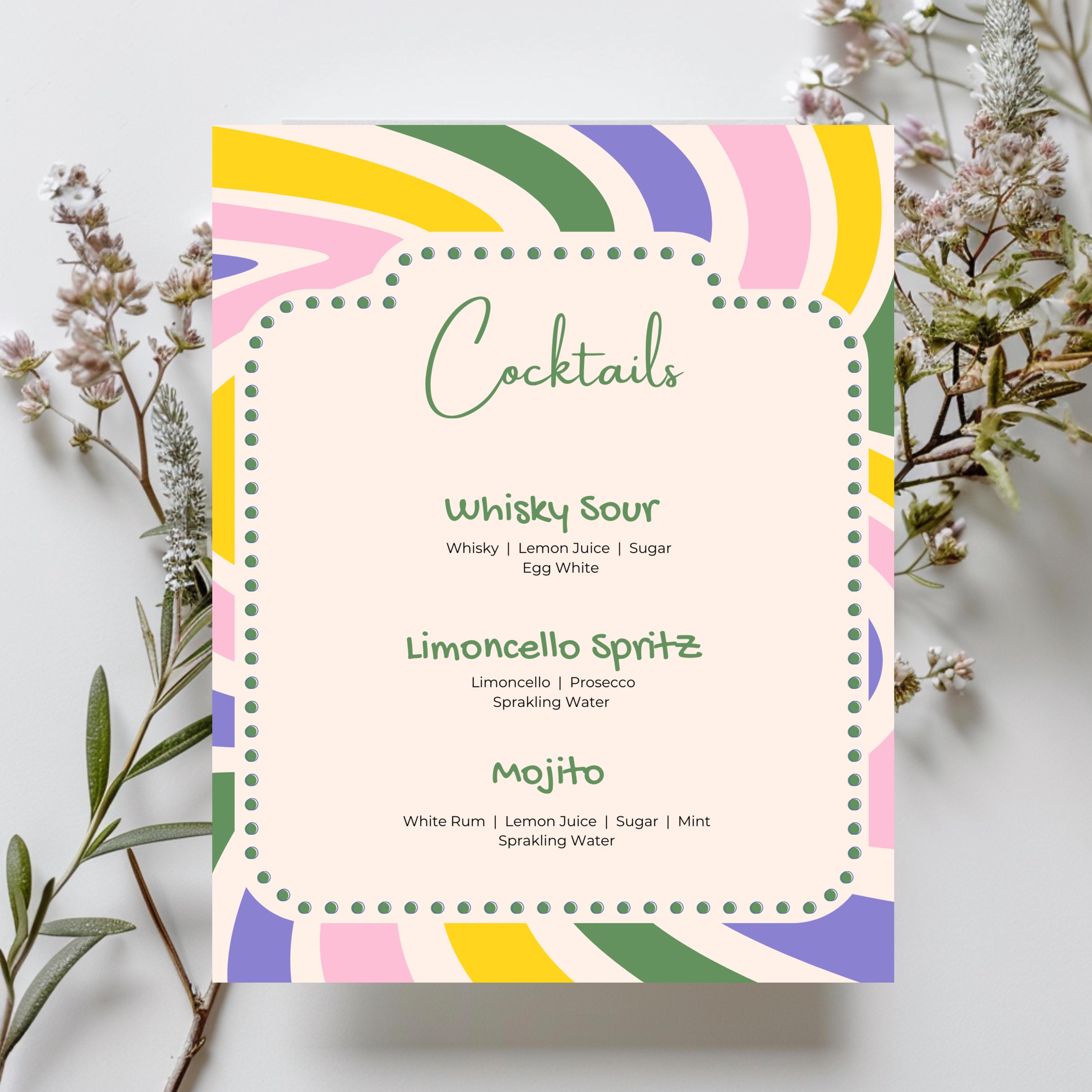 Signature Drinks Bar Menu Template Editable for Wedding or Party ...