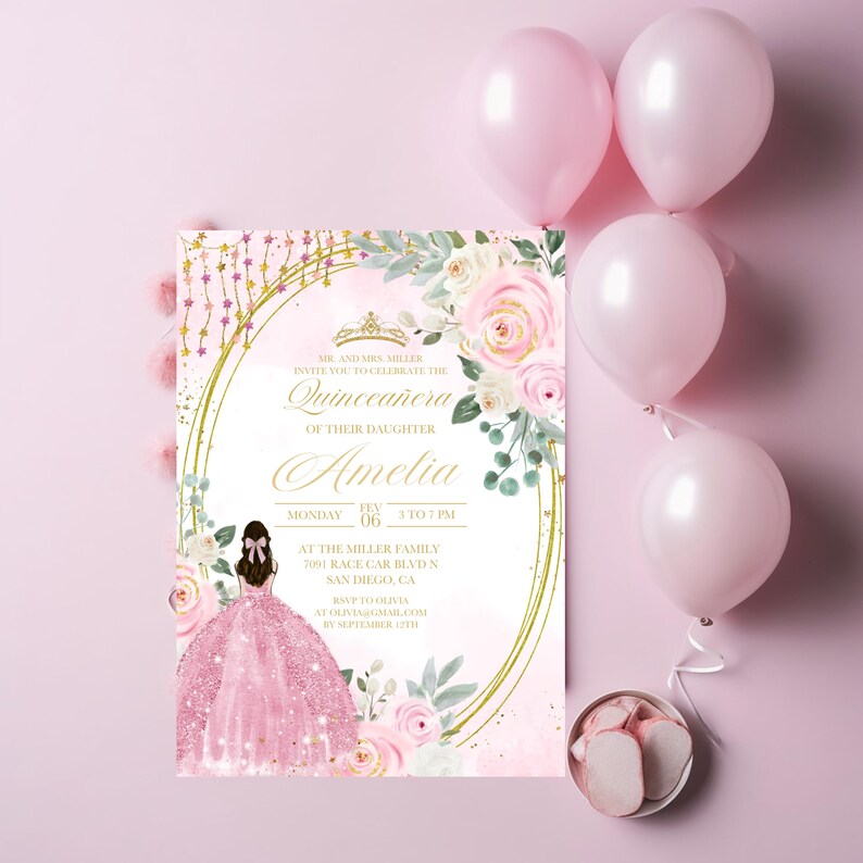 Editable Quinceañera Invitation | Pink Princess Quince Invitation ...