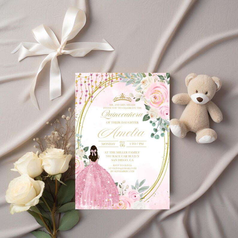 Editable Quinceañera Invitation | Pink Princess Quince Invitation ...