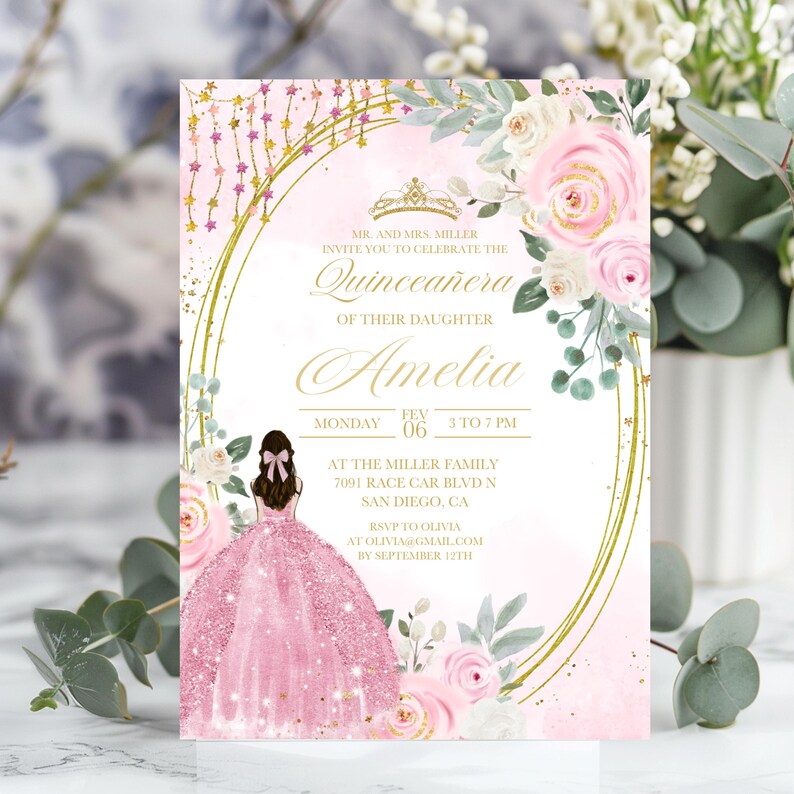 Editable Quinceañera Invitation | Pink Princess Quince Invitation ...