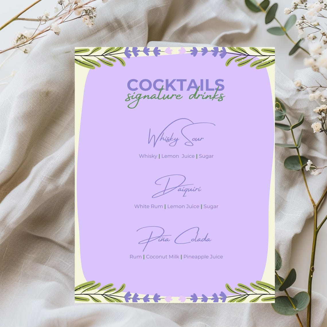 Signature Drinks Bar Menu Template Editable for Wedding or Party ...