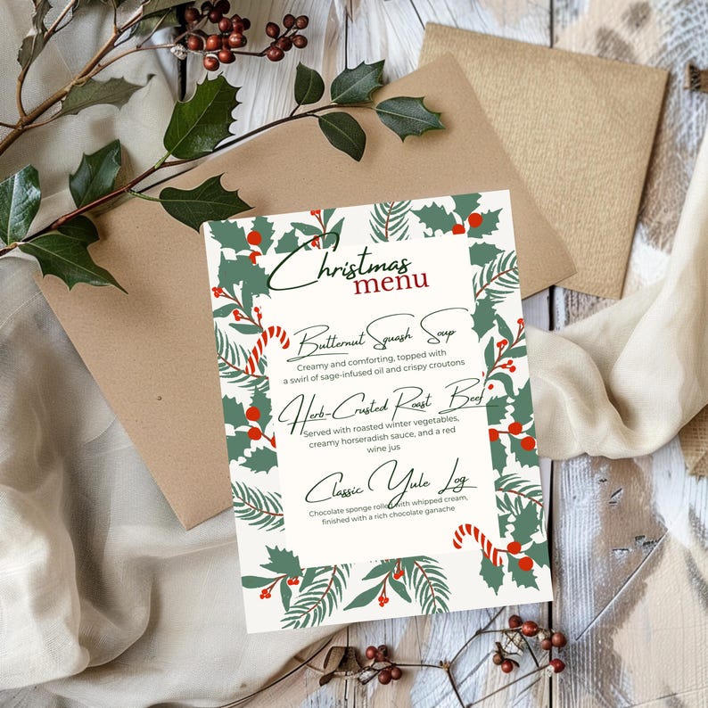 Christmas Menu Card | Holiday Menu Template | Editable Dinner Party ...