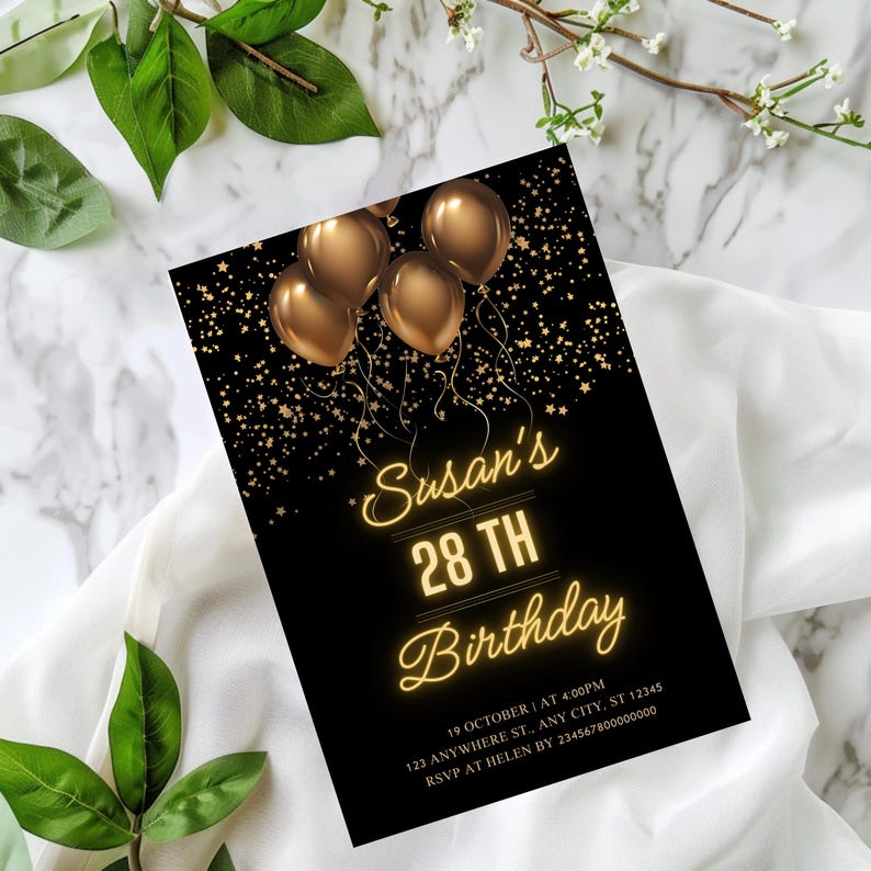 Editable Black and Gold Birthday Invitation | Gold Balloon Glitter ...