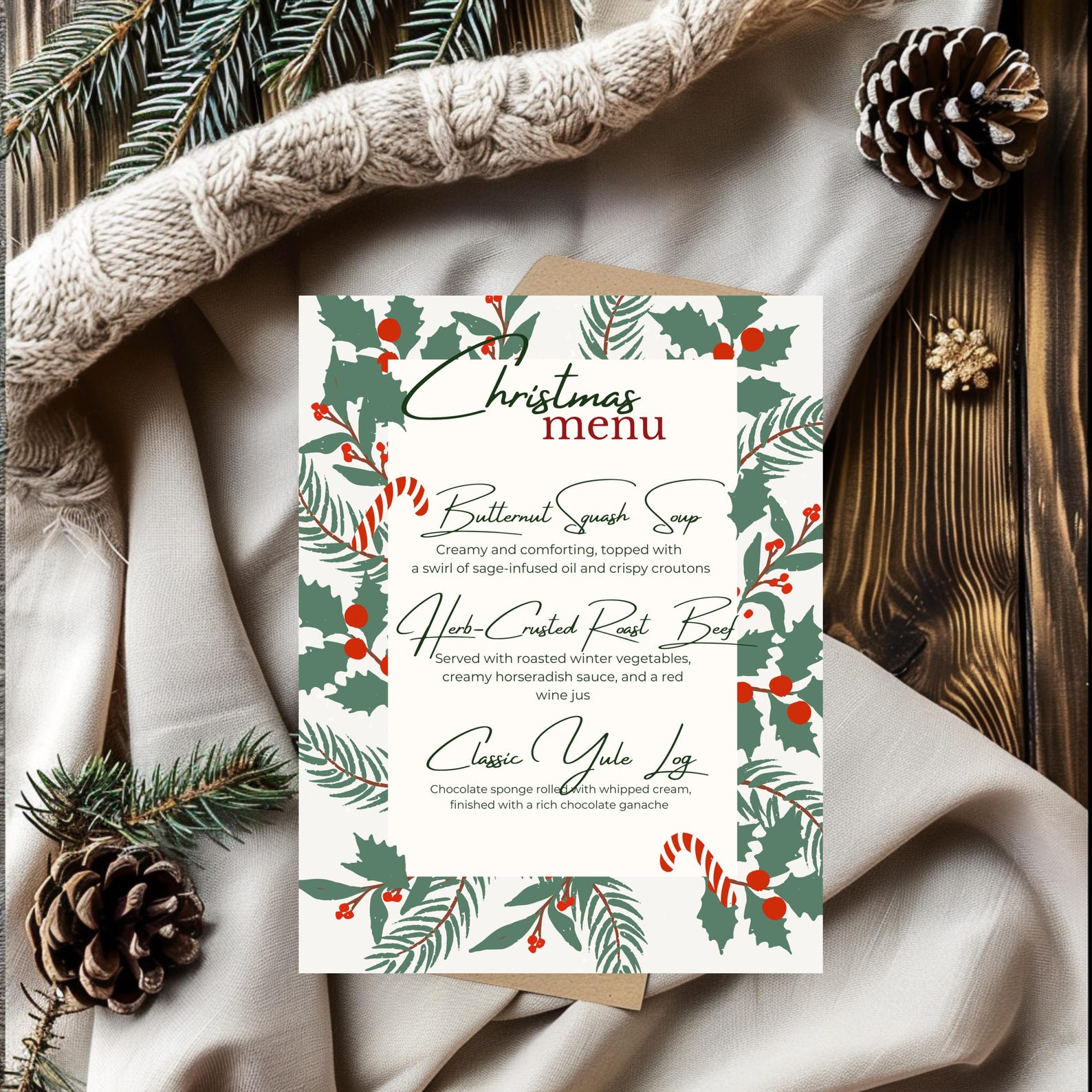 Christmas Menu Card | Holiday Menu Template | Editable Dinner Party ...