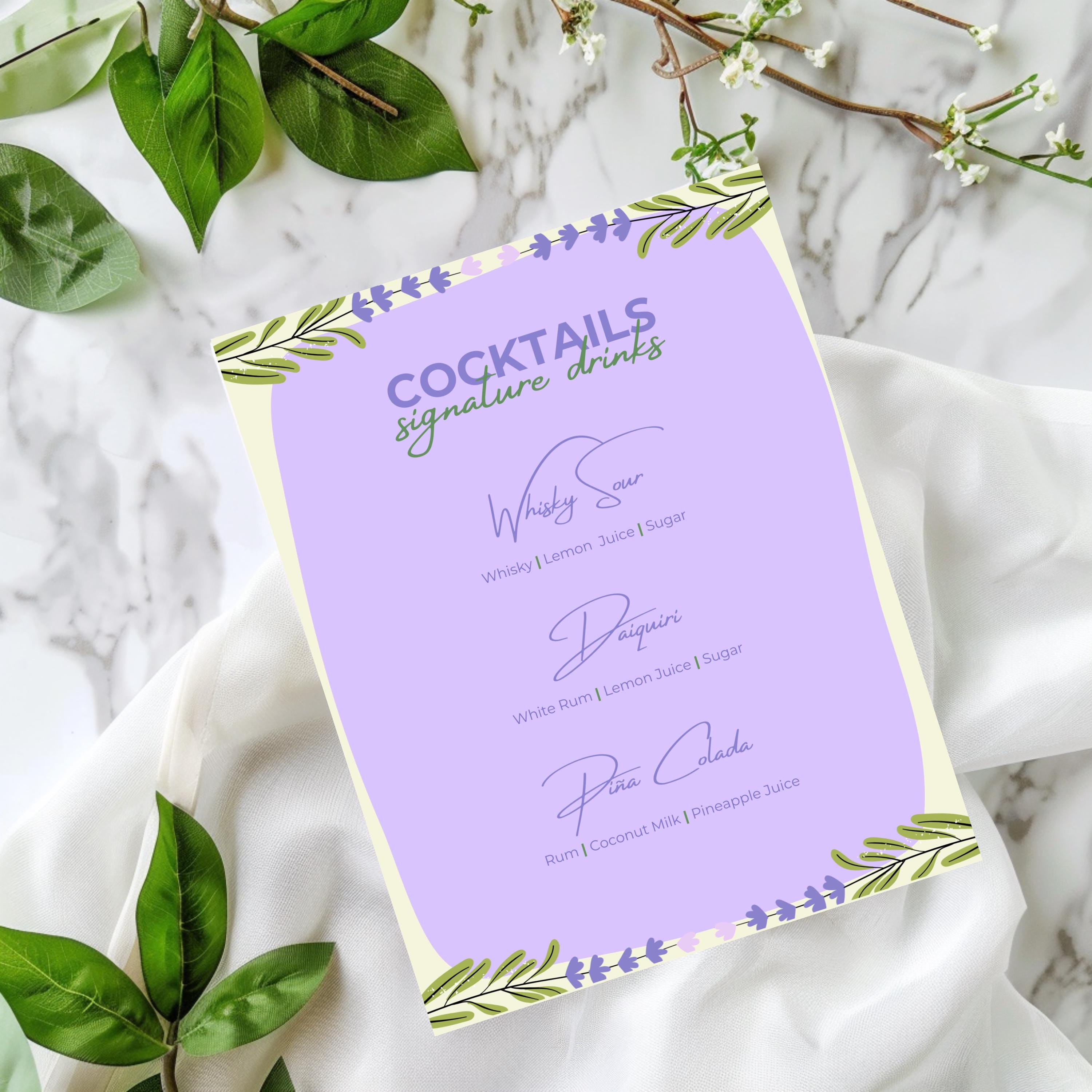 Signature Drinks Bar Menu Template Editable for Wedding or Party ...