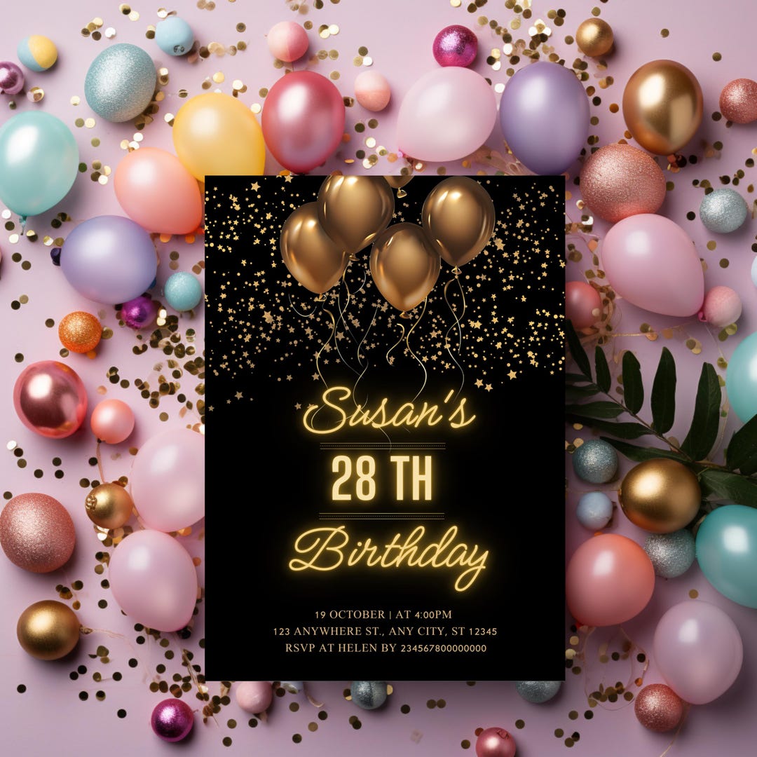 Editable Black and Gold Birthday Invitation | Gold Balloon Glitter ...