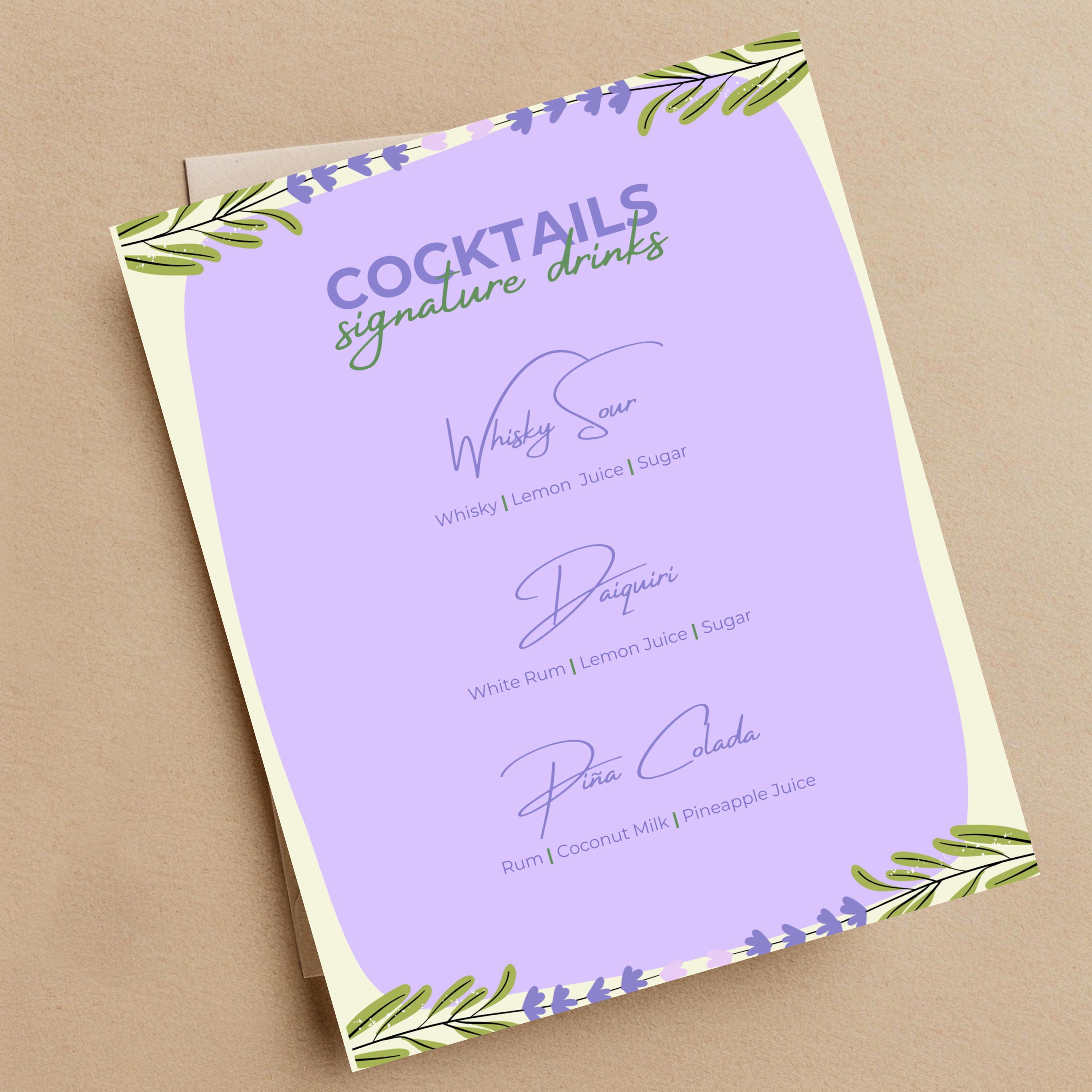 Signature Drinks Bar Menu Template Editable for Wedding or Party ...