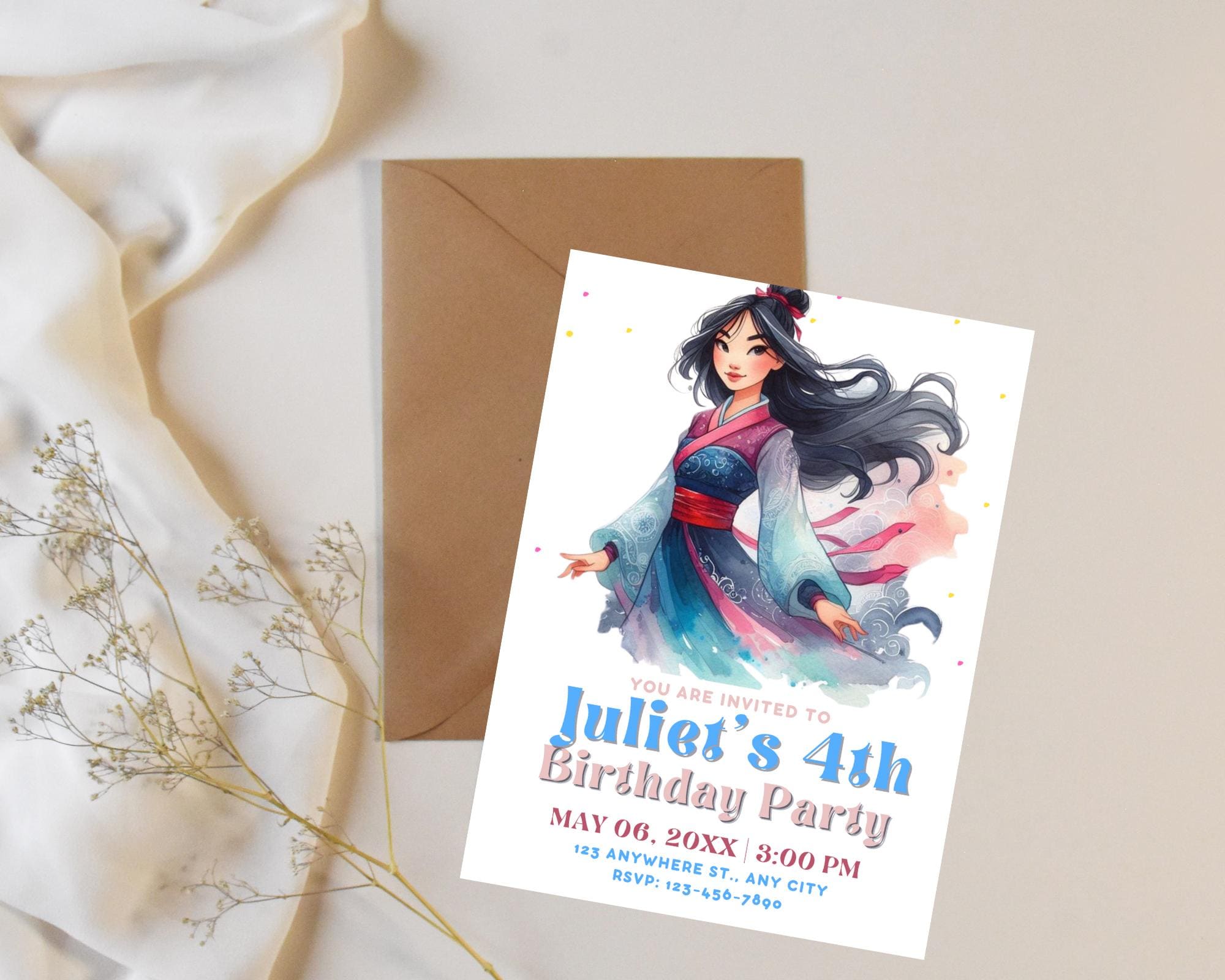 Editable Mulan Birthday Invitation Princess Mulan Movie Birthday Invite ...