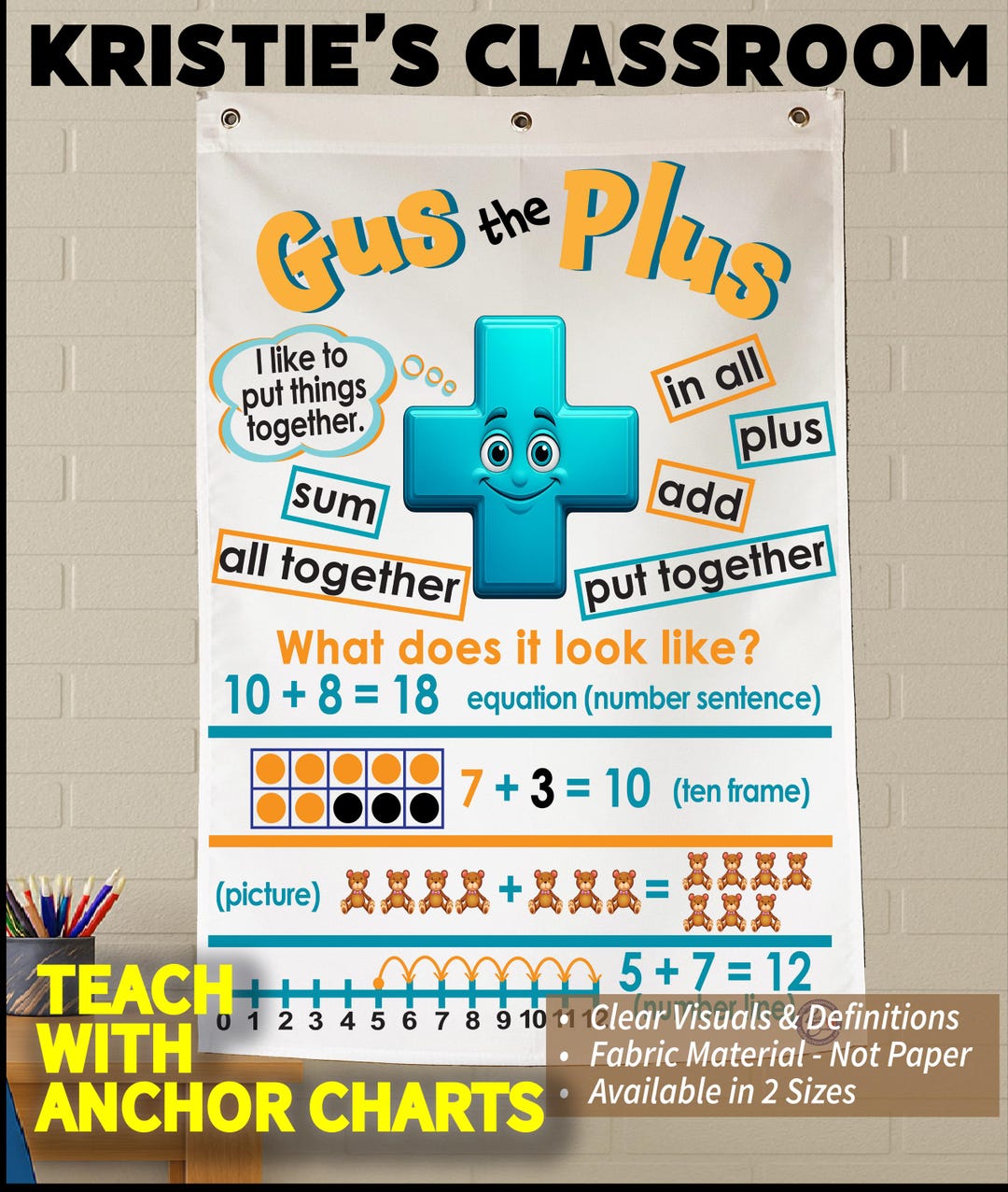 Addition Anchor Chart: Gus the Plus, Printed Fabric, Washable - Etsy