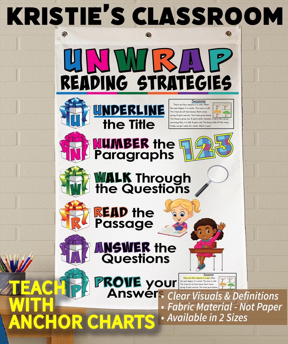 UNWRAP Reading Strategies Anchor Chart: Washable Fabric Classroom Decor ...