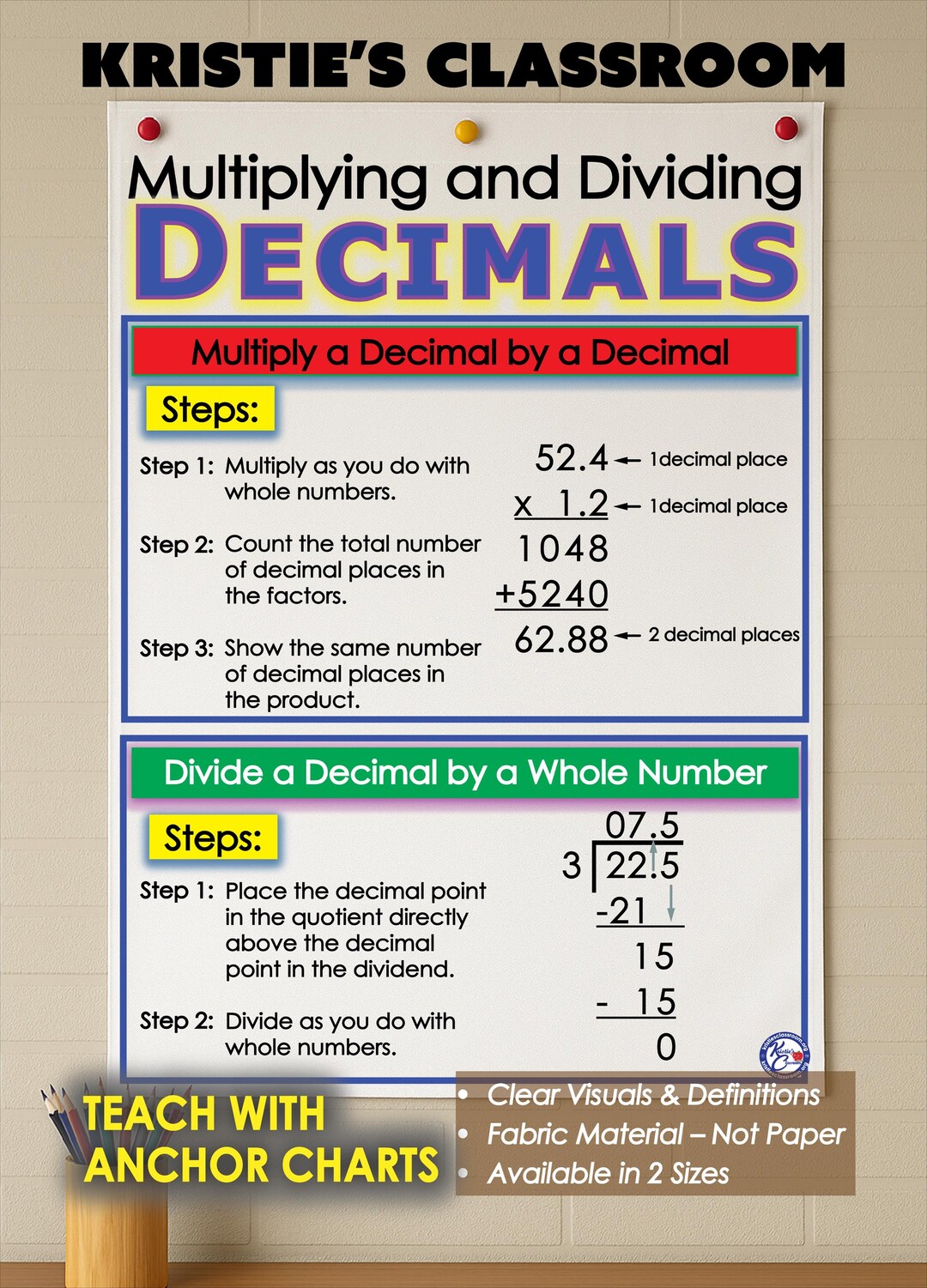 Decimals - Multiply and Divide Anchor Chart - Washable Fabric Classroom ...