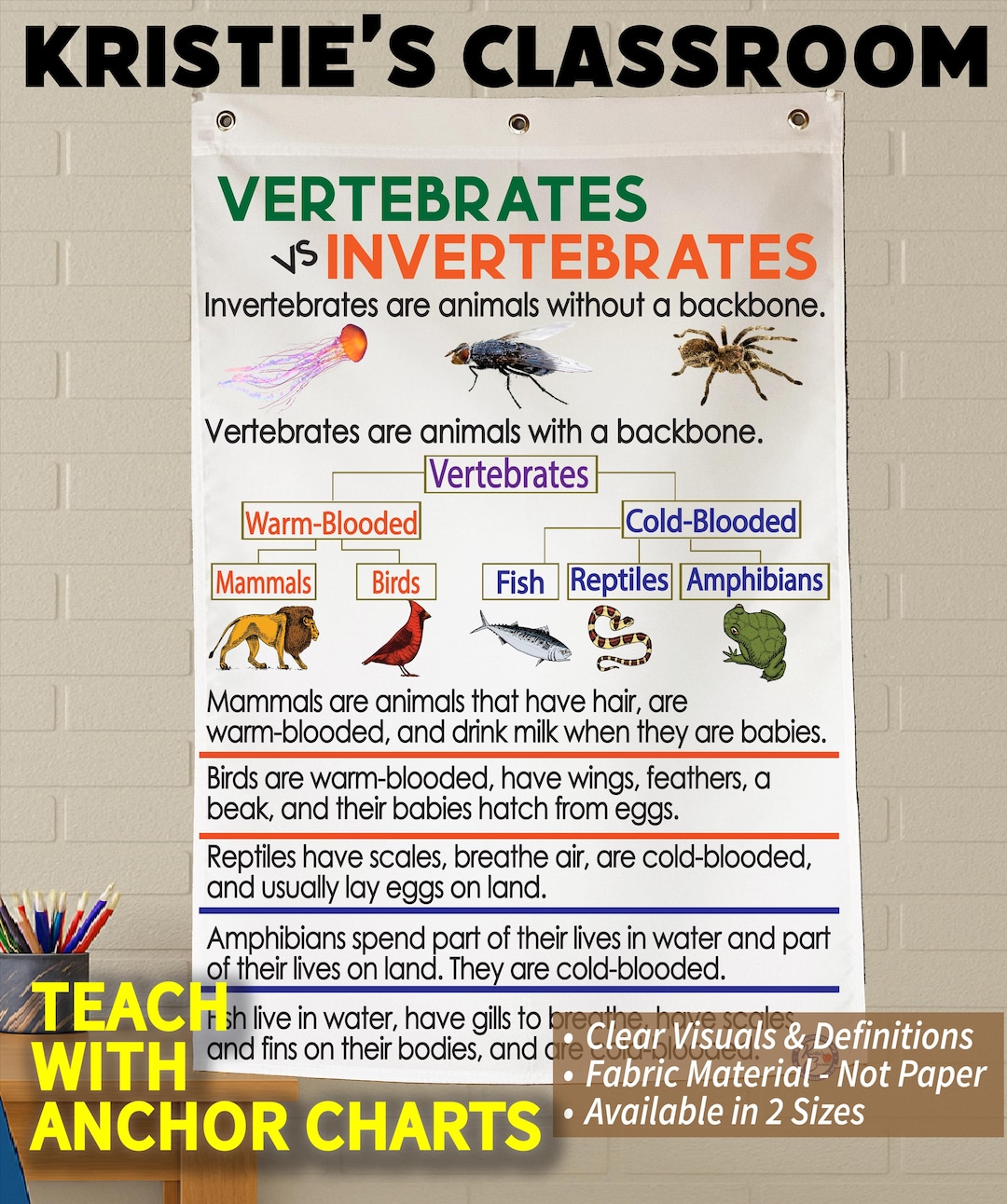 Vertebrates & Invertebrates Anchor Chart - Printed on FABRIC - Durable ...