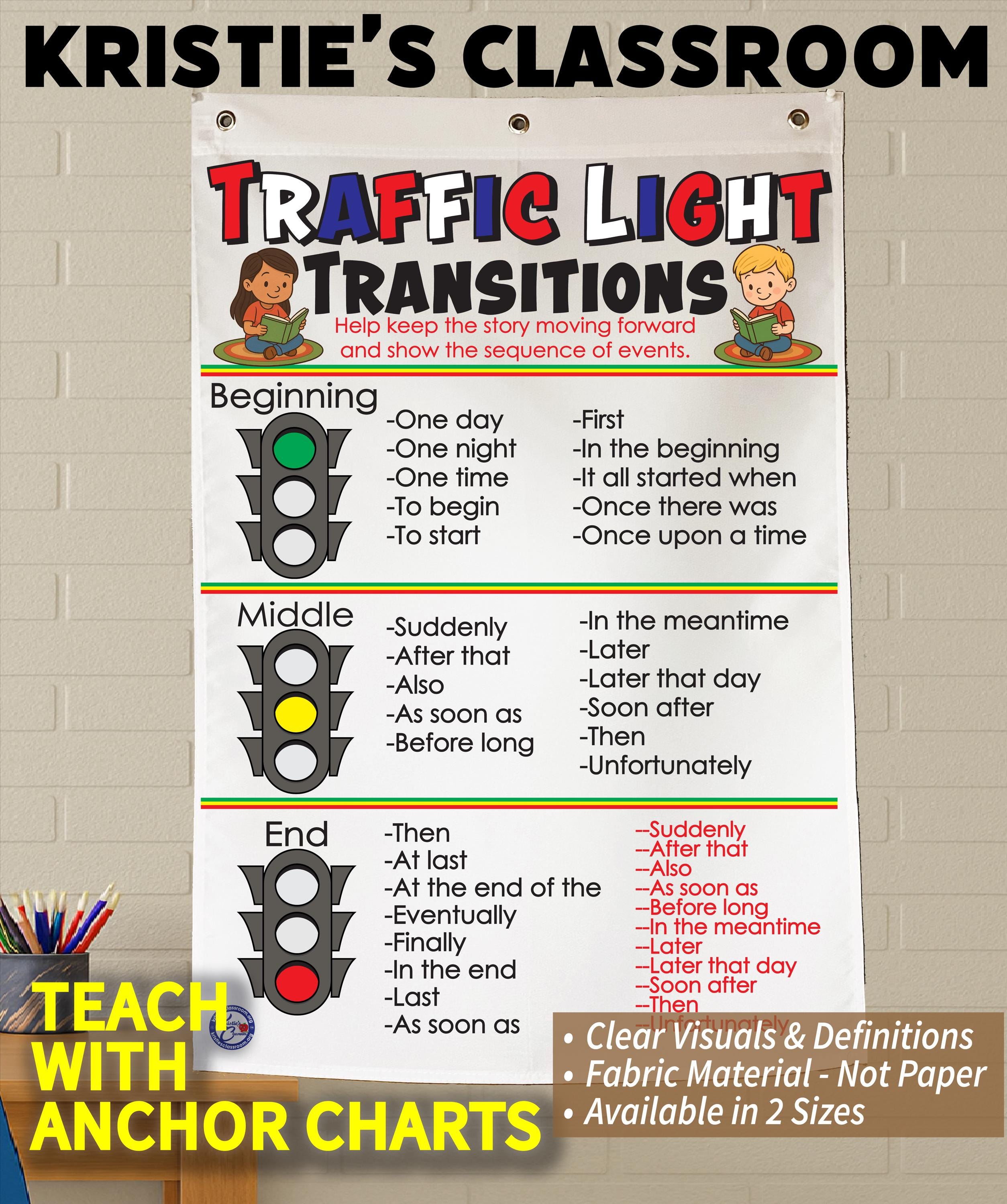 Traffic Light Transition Words Anchor Chart: Washable Fabric Classroom ...