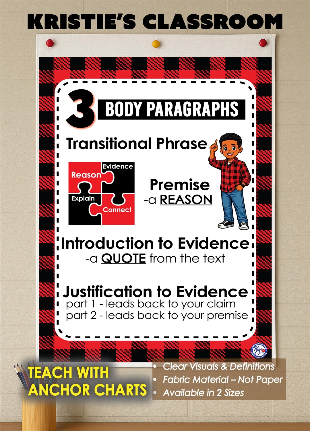 Body Paragraphs - Writing Anchor Chart: 8 Steps, Fabric Classroom Decor ...