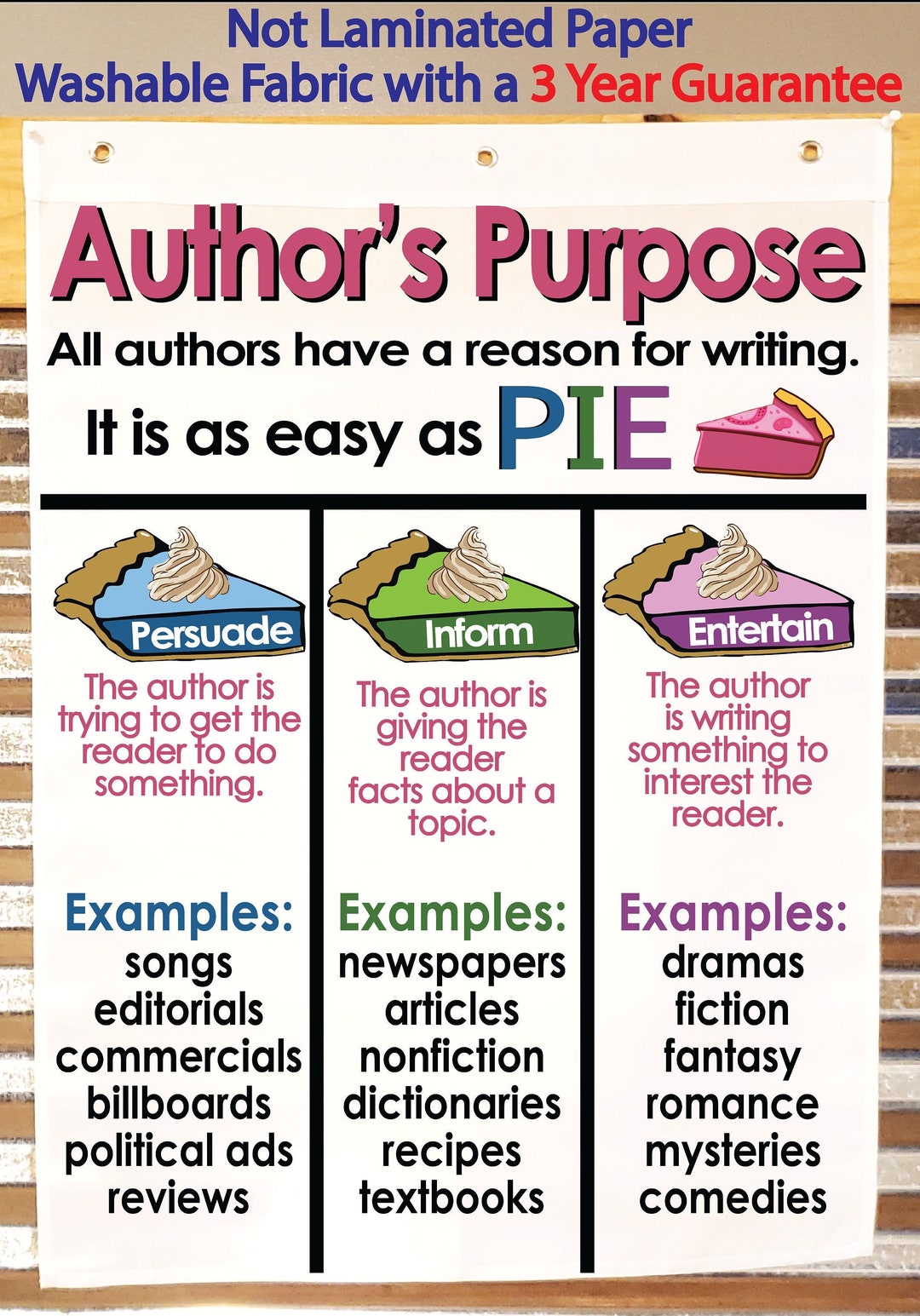 Author's Purpose Anchor Chart, Printed on FABRIC Durable Flag Material With Grommets. FOLDABLE ...